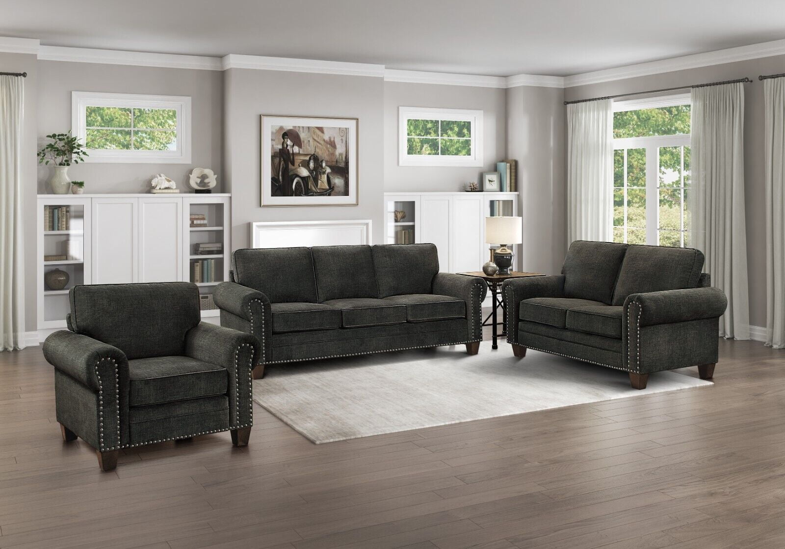 Traditional Style Living Room 3pc Sofa Set Dark Gray Sofa Loveseat ...