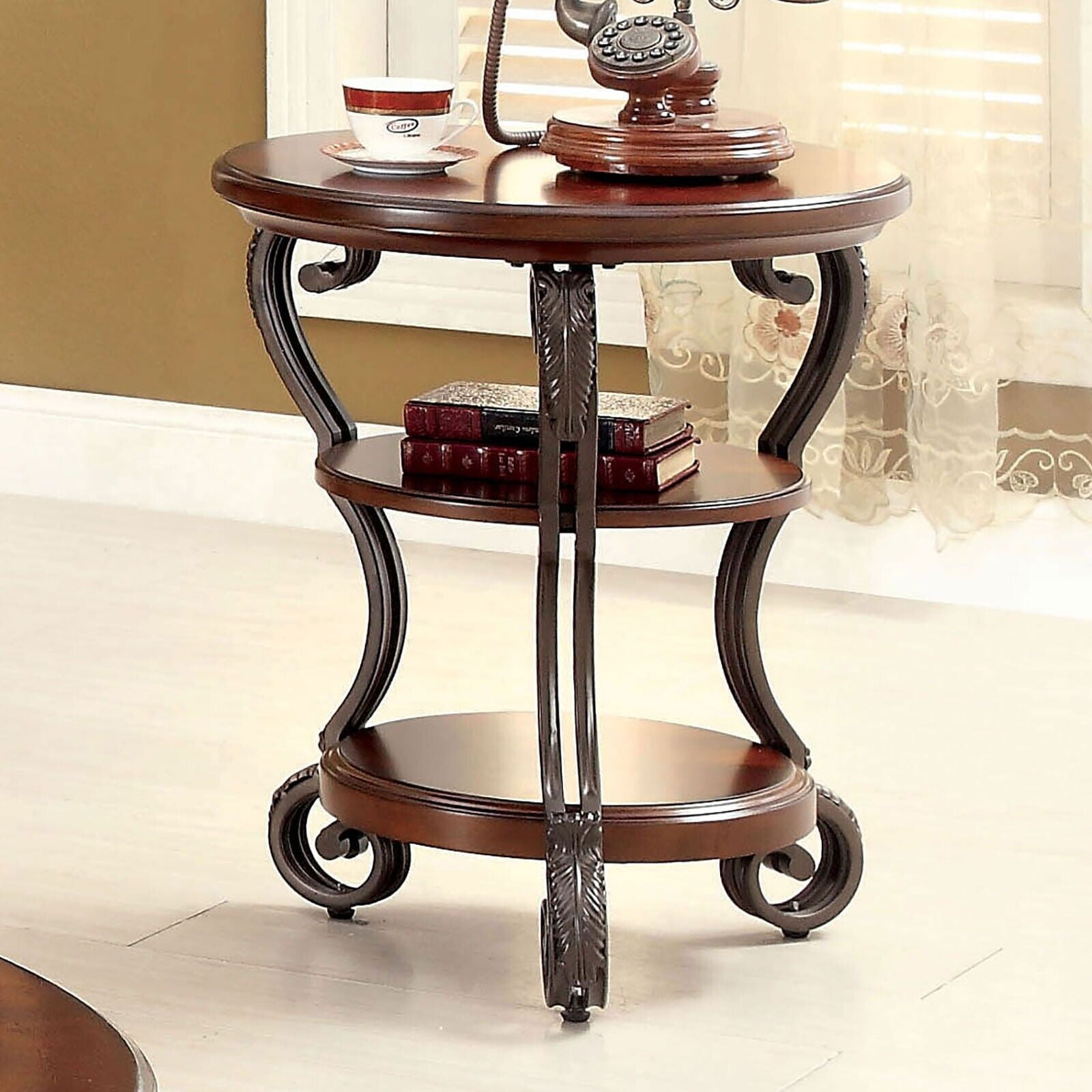 Traditional Style Side Table Brown Cherry Ornate Design Open Shelf wood ...