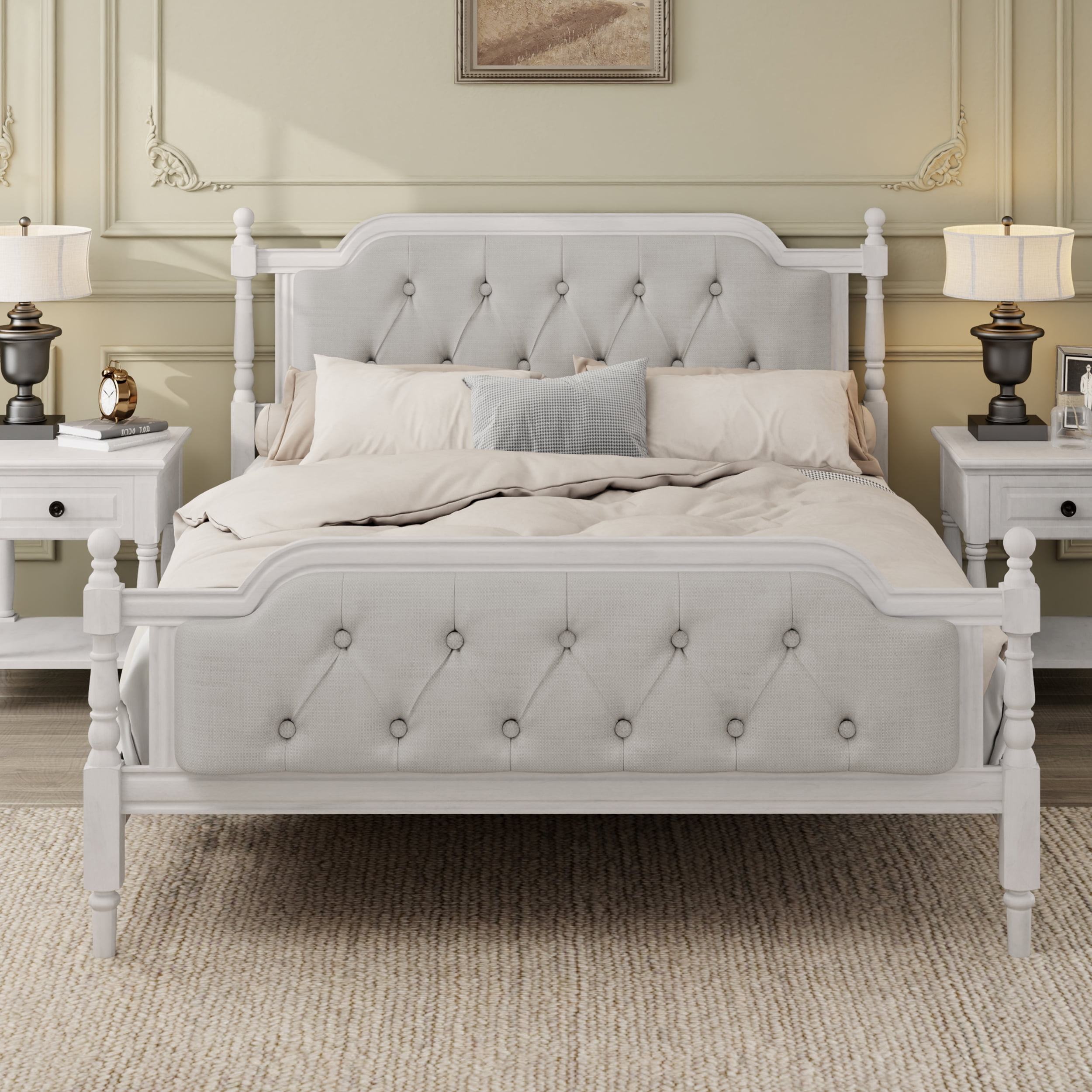 Traditional Style Solid Wood King Size Bed Frame with Upholstered ...