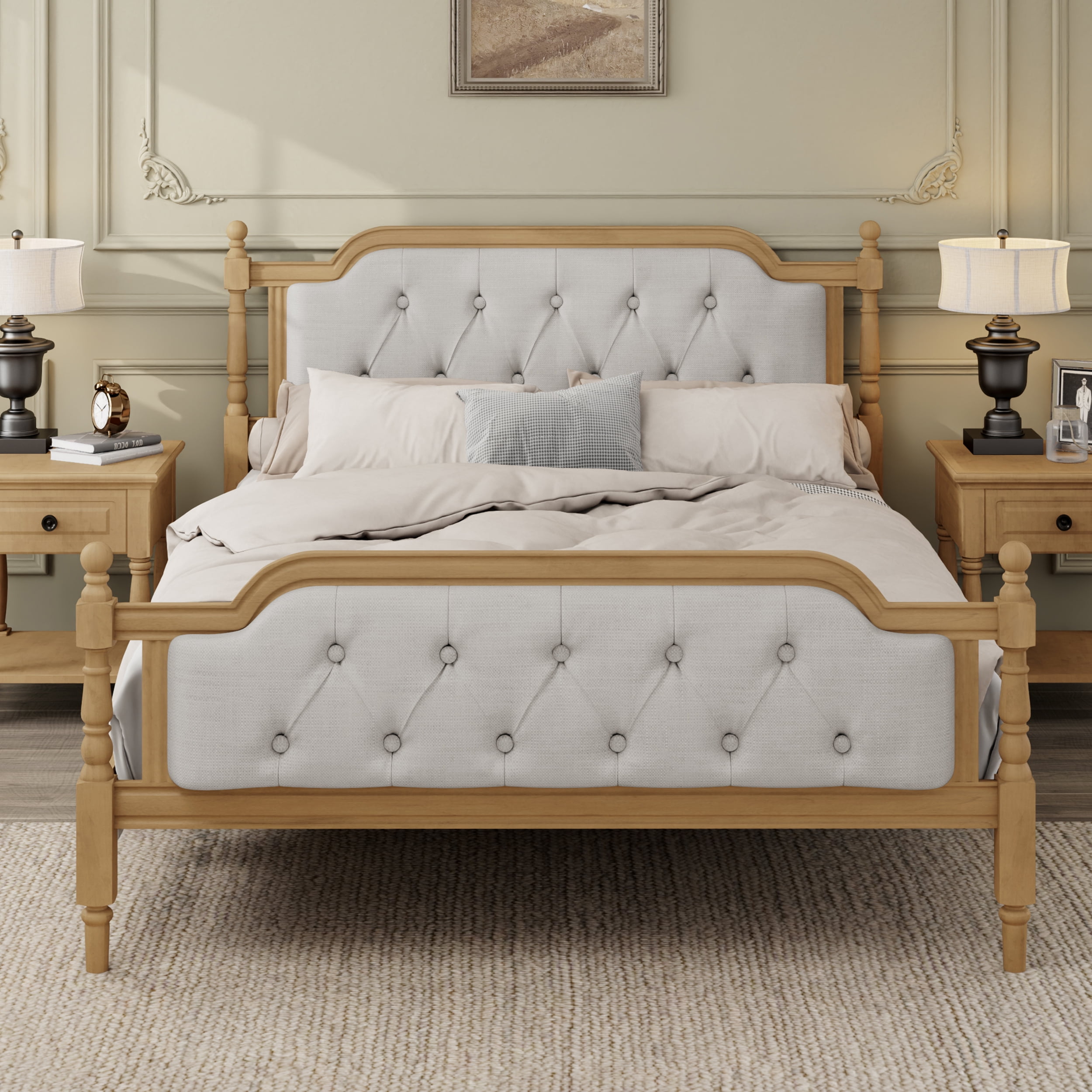 Traditional Style Solid Wood King Size Bed Frame with Upholstered ...