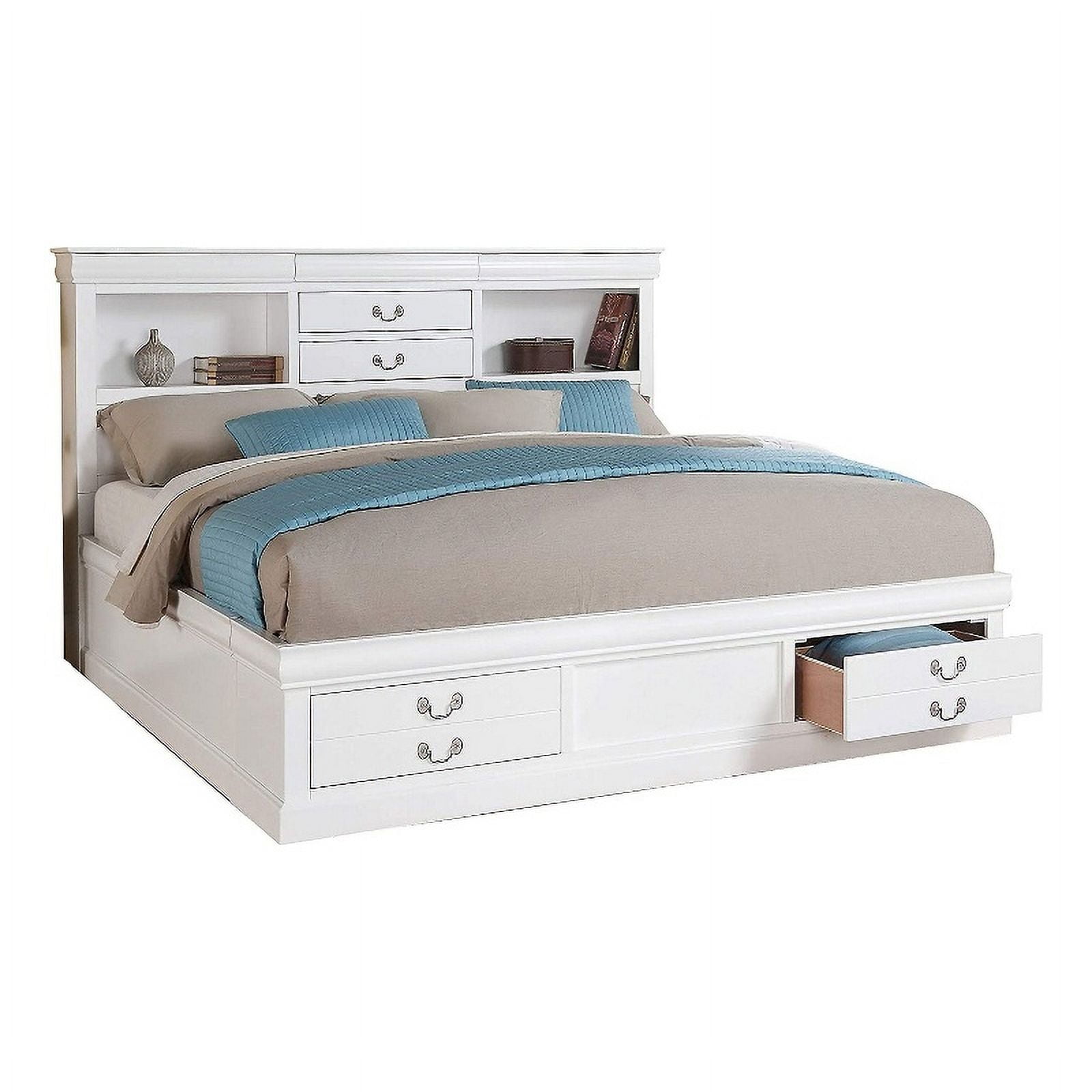 Traditional Style Wooden Eastern King Bed with Bookcase Headboard White ...