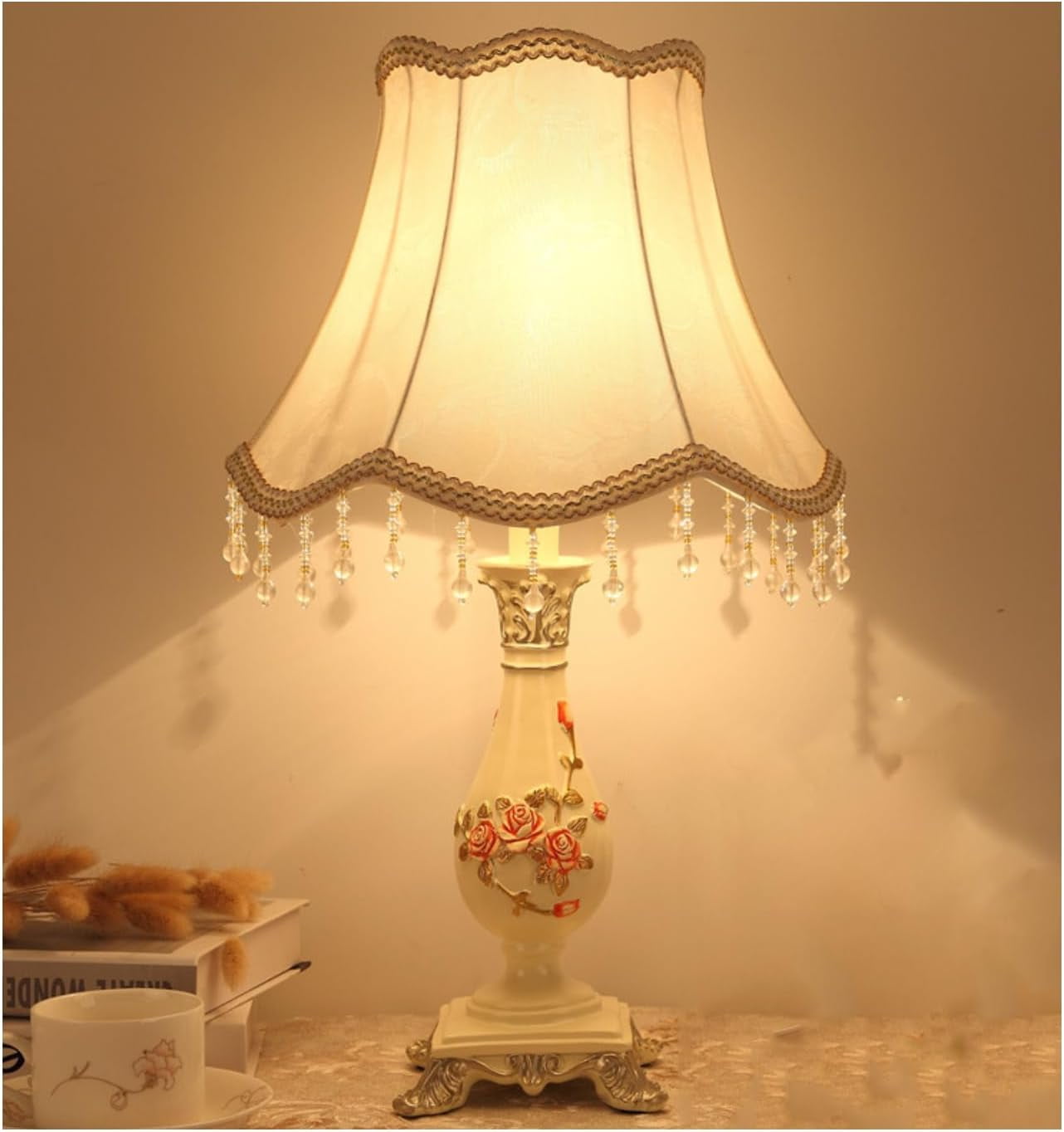 Traditional Table Lamp Handmade Victorian Style Lace Fabric Lampshade Bedside Lamp, Antique ...