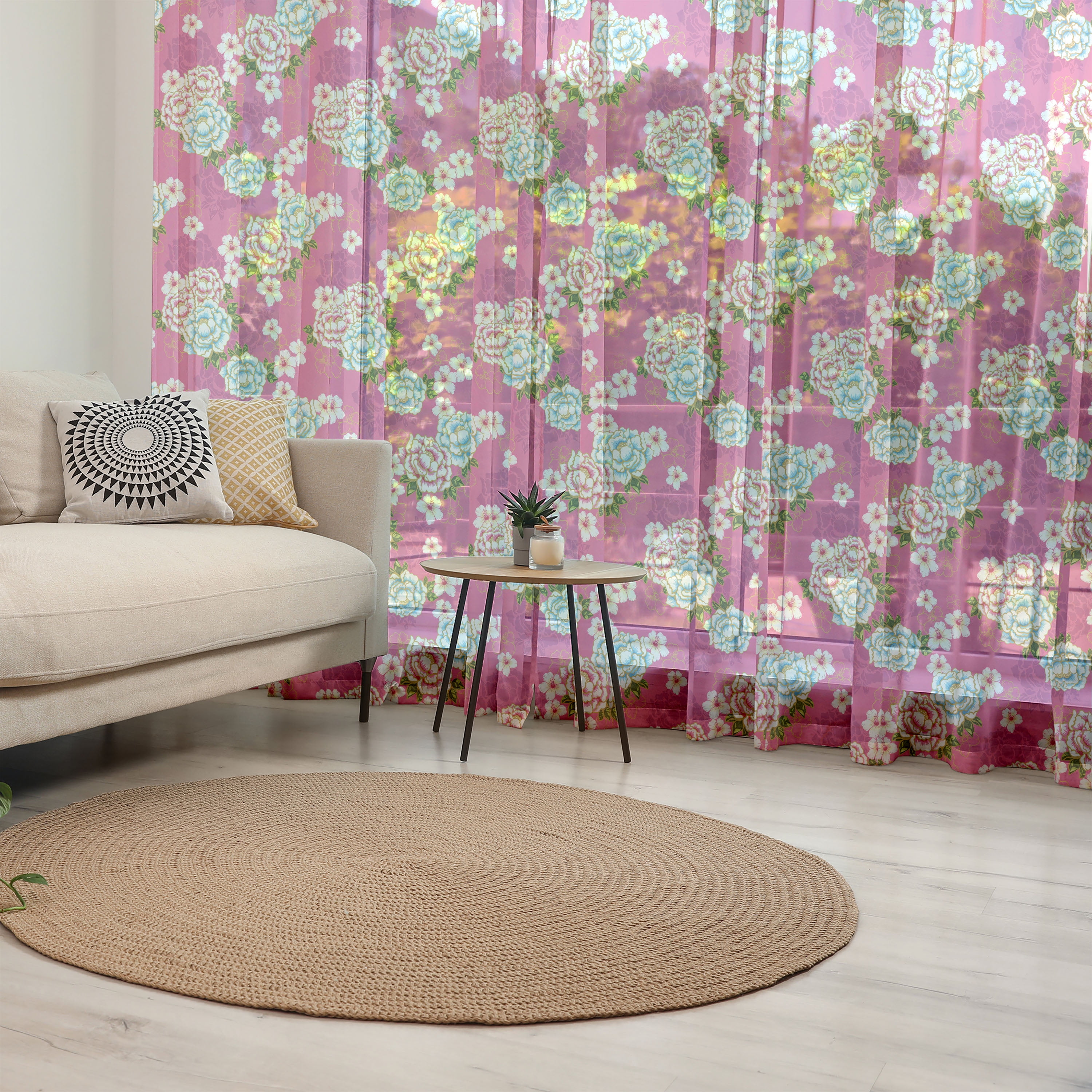 Traditional Tulle Curtains with Rod Pocket, Vivid Botanical Pattern ...