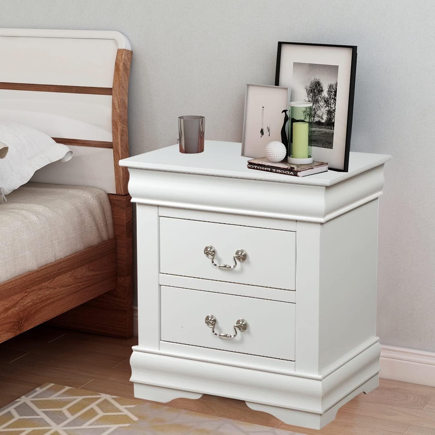 Traditional White Wood 2-Drawer Nightstand with Metal Ring Handles, Rectangular Bedside Table ...