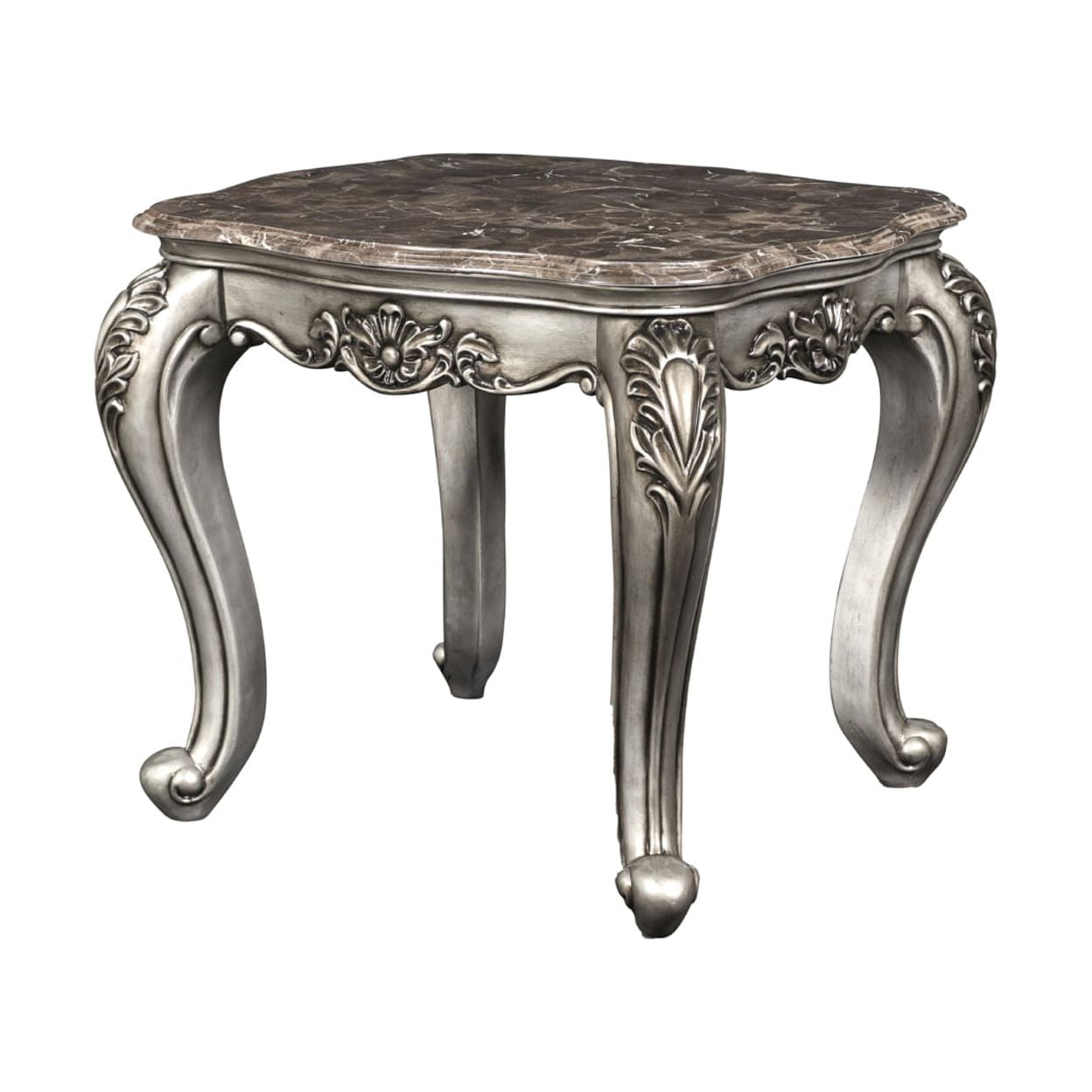 Traditional Wooden End Table with Marble Top and Floral Engravings ...