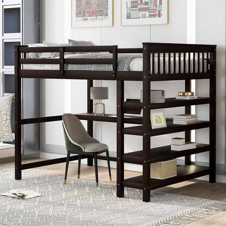 Full Size Wooden Loft Bed with Under bed Desk 4 Tier Shelves Ladder Wood Slat Support Espresso Walmart