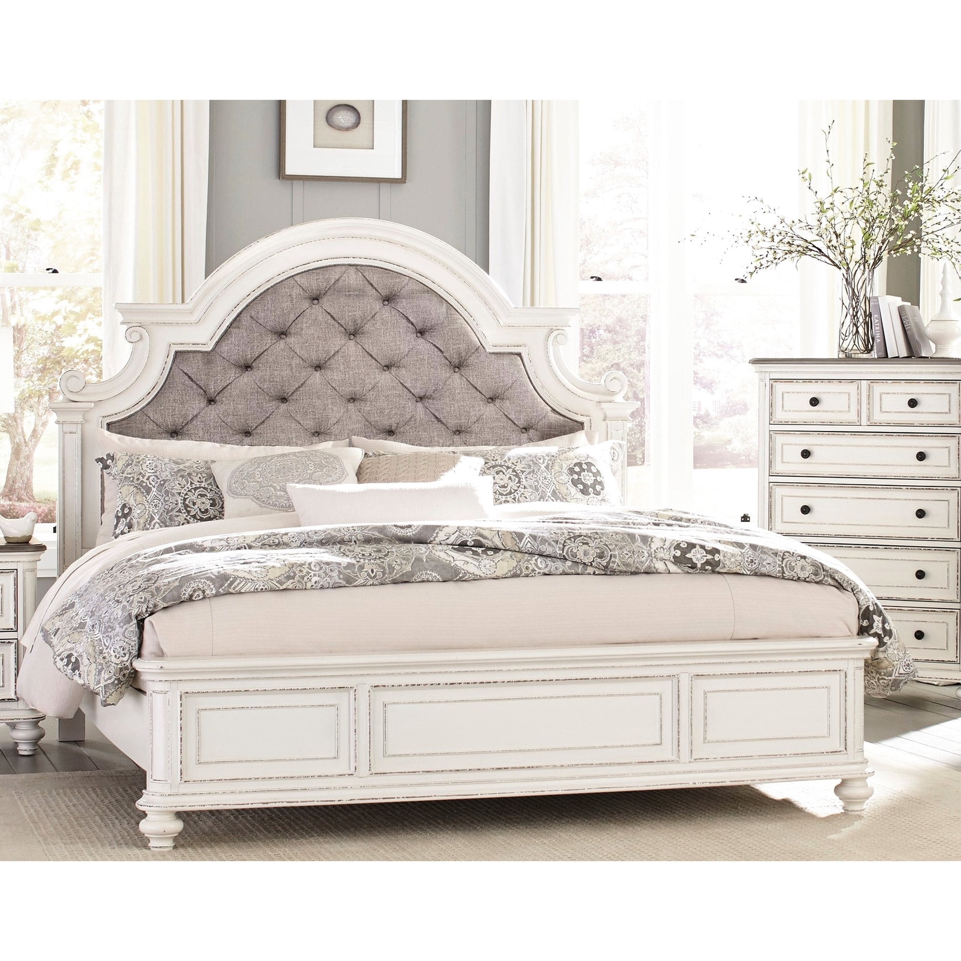 Traditional queen bed crafted from wood with antique white finish and ...