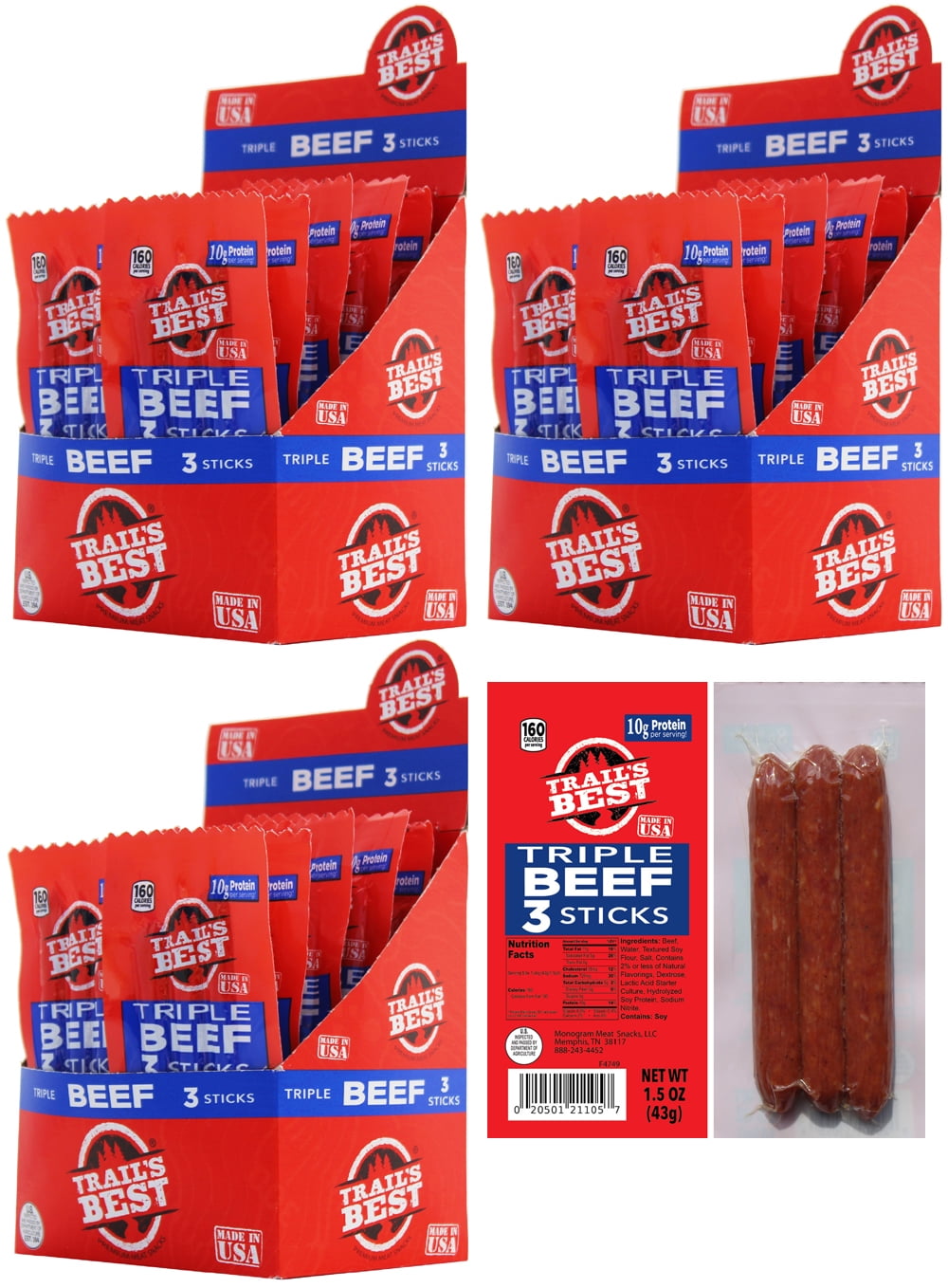 Trail's Best Triple Beef Sticks 12-ct Boxes - 3 Boxes - Walmart.com