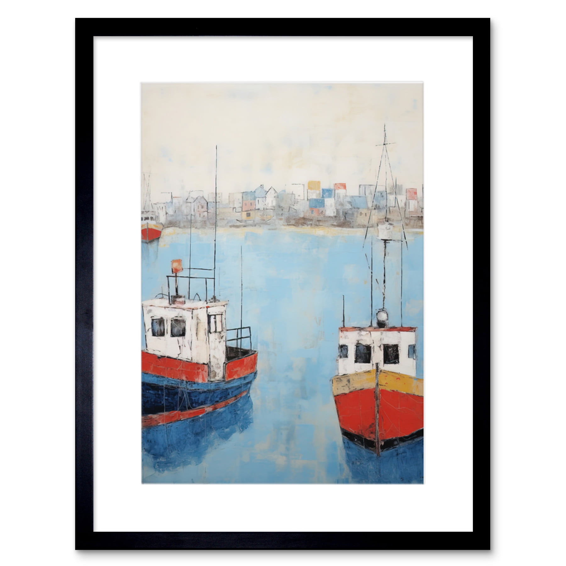 Trailer Trawler Boats in Harbour Oil Painting Red Blue Abstract Coastal ...