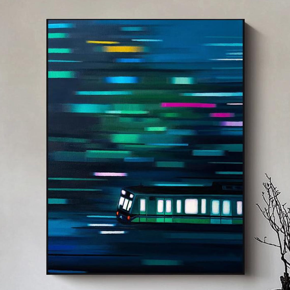 Train Abstract Art, Wabi-Sabi, Surreal Art, Blue Wall Decor, Neon Art ...