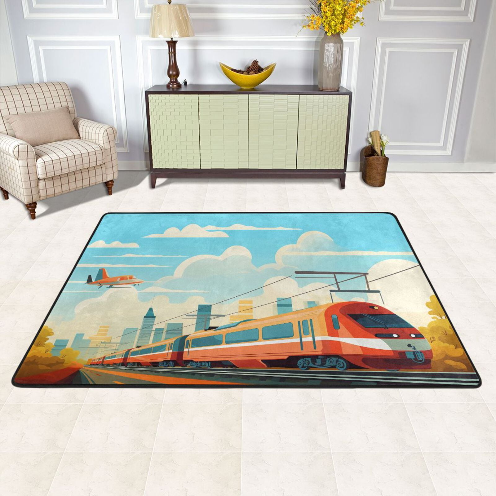 Train Airplane Sky Area Rug Washable 72 x 48 Floor Carpet Mat Non Slip ...