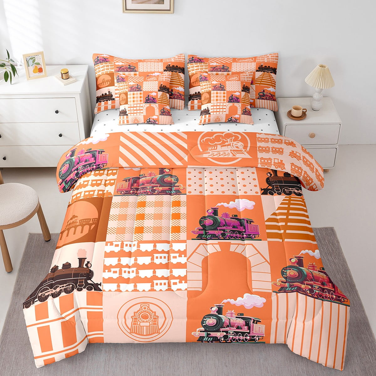Train Bedding Cartoon Train Bus Comforter Set Vintage Style Orange And ...