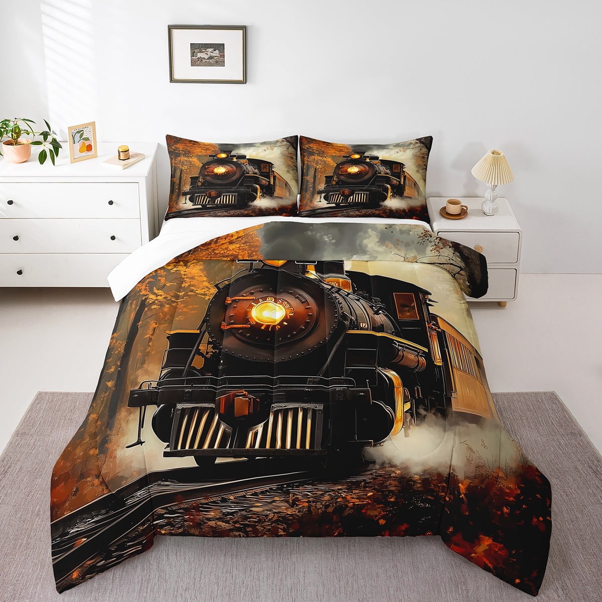 Train Bedding Set Retro Steam Engine Comforter Set Twin Railway Track ...