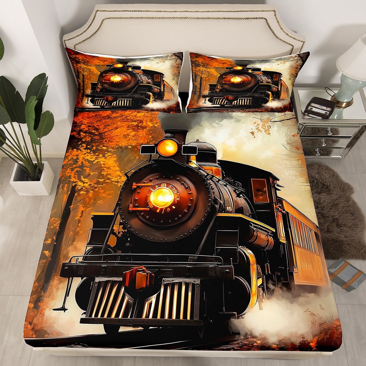 Train Bedding Set Retro Steam Engine Fitted Sheet Twin Railway Track ...
