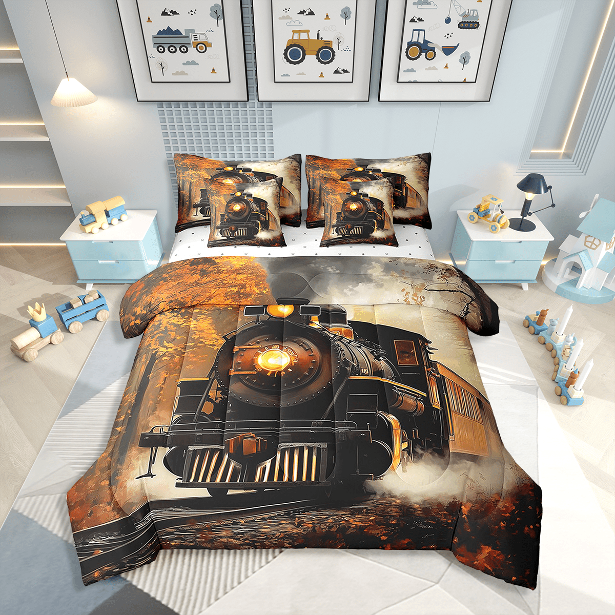Train Bedding Set Retro Steam Engine Queen Comforter Set 7 Piece ...