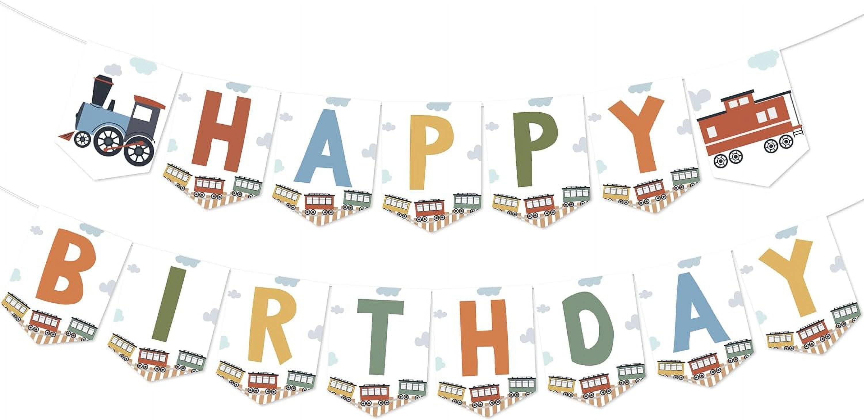 Train Birthday Banner, Retro Train Happy Birthday Banner Decorations ...