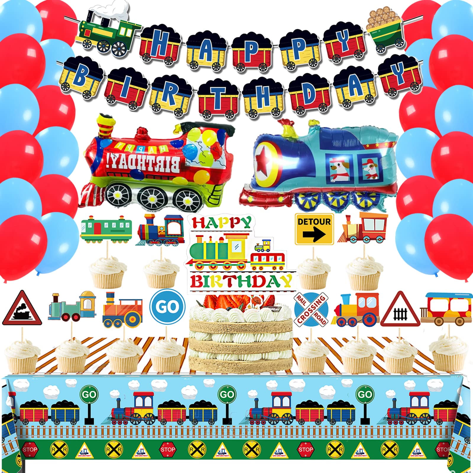 Train Birthday Decorations, Train Cake Topper Vehicles Tablecloths Car ...