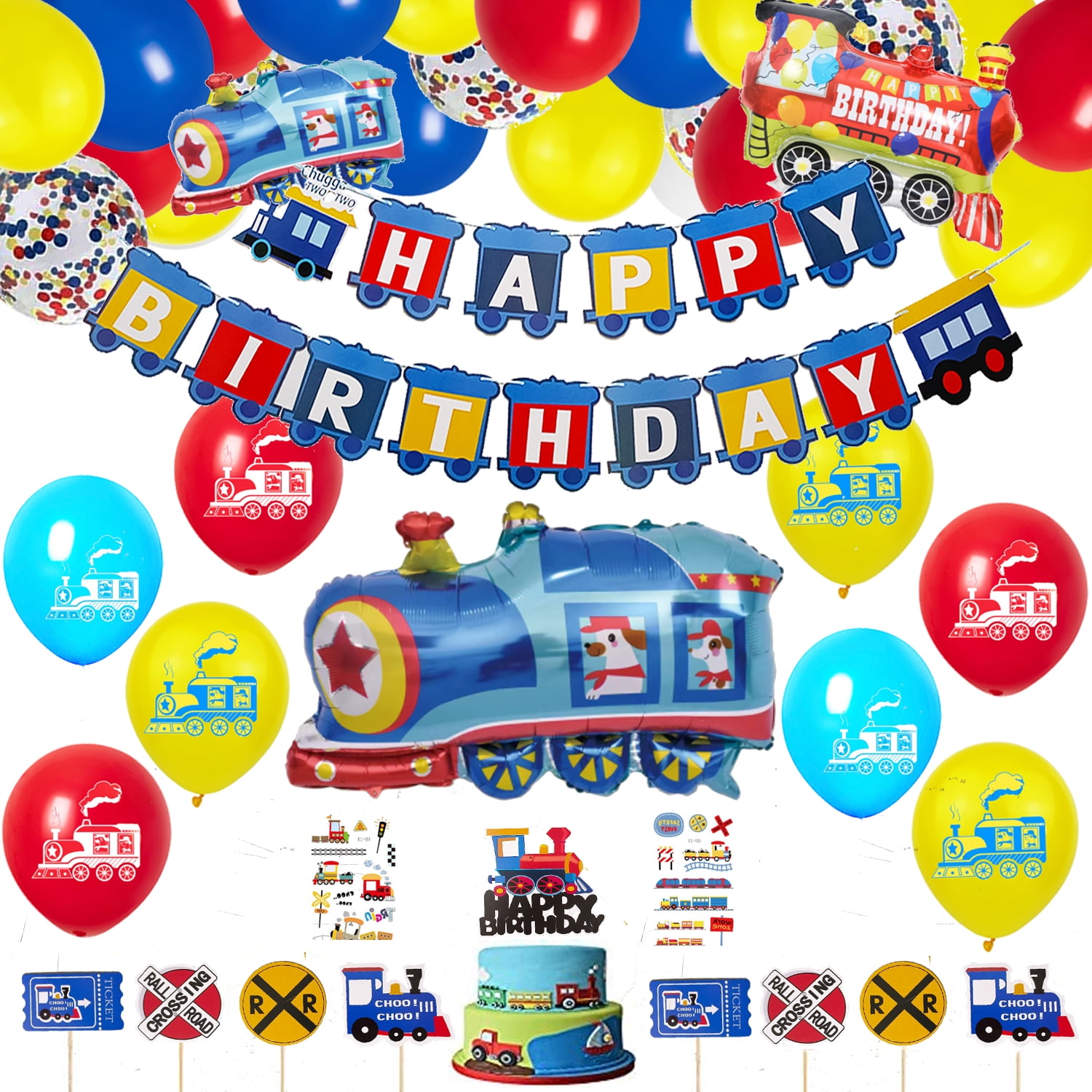 Train Birthday Party Supplies Set - Train Theme Blue Yellow Red ...