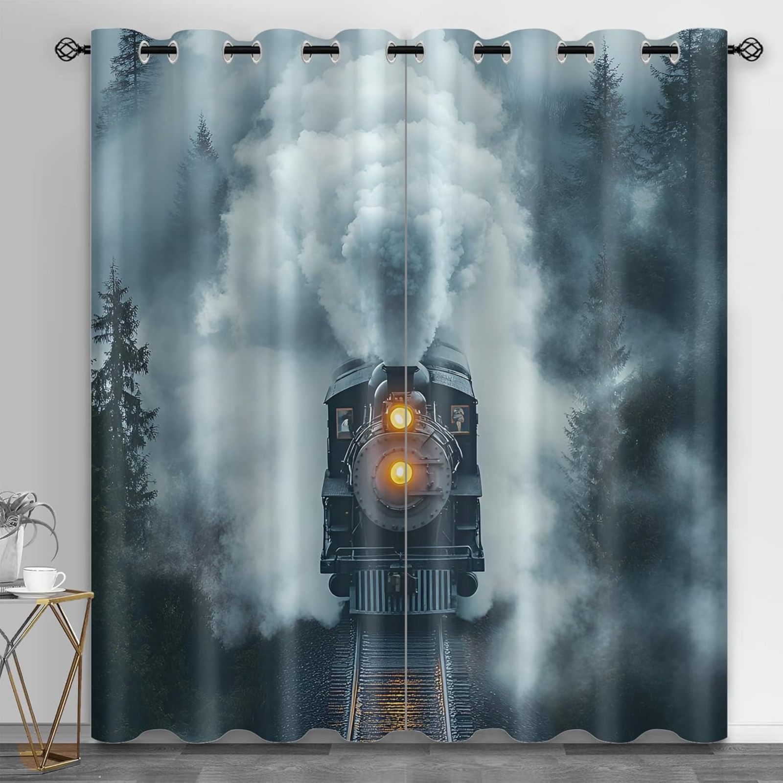 Train Blackout Curtains, Steam Train 3D Printed Drapes, Natural Forest ...
