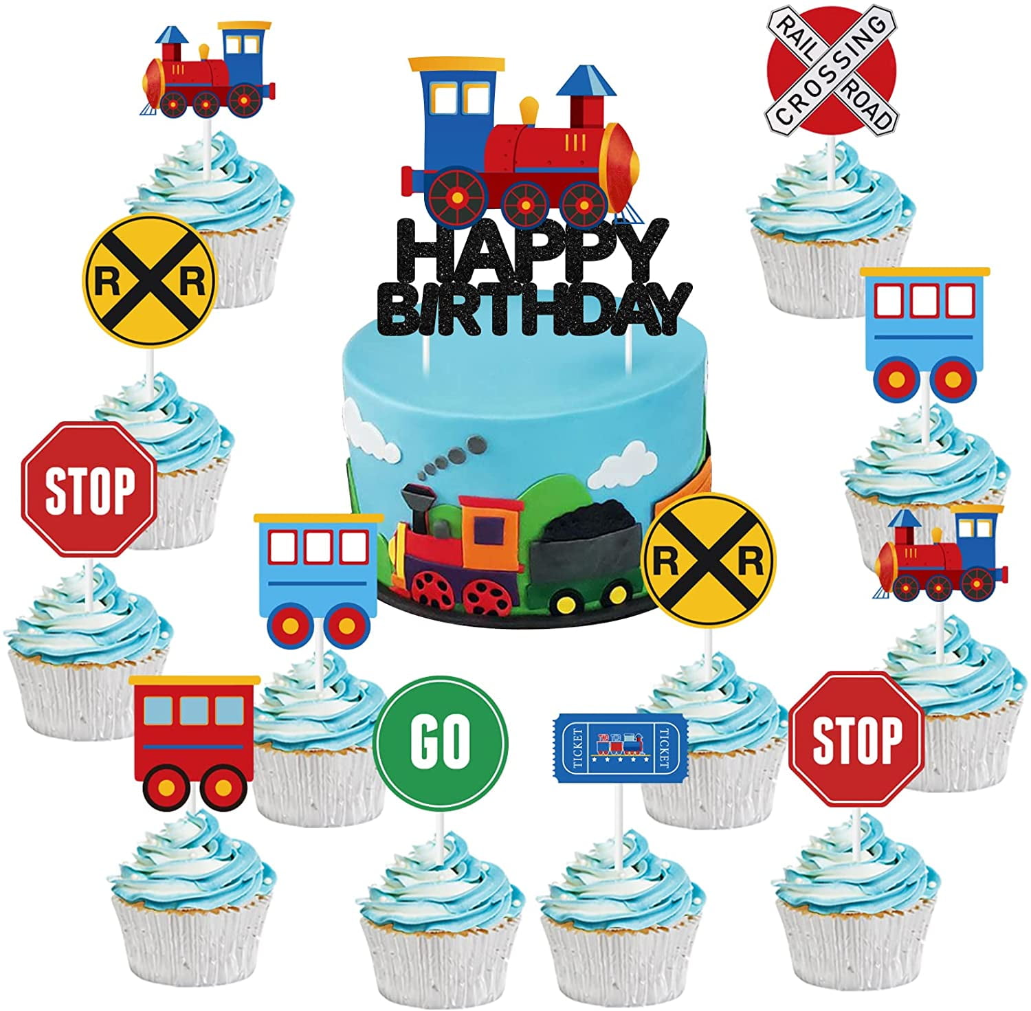 Train Cake Toppers for Boys, 25 Pcs Traffic Happy Birthday Cupcake ...