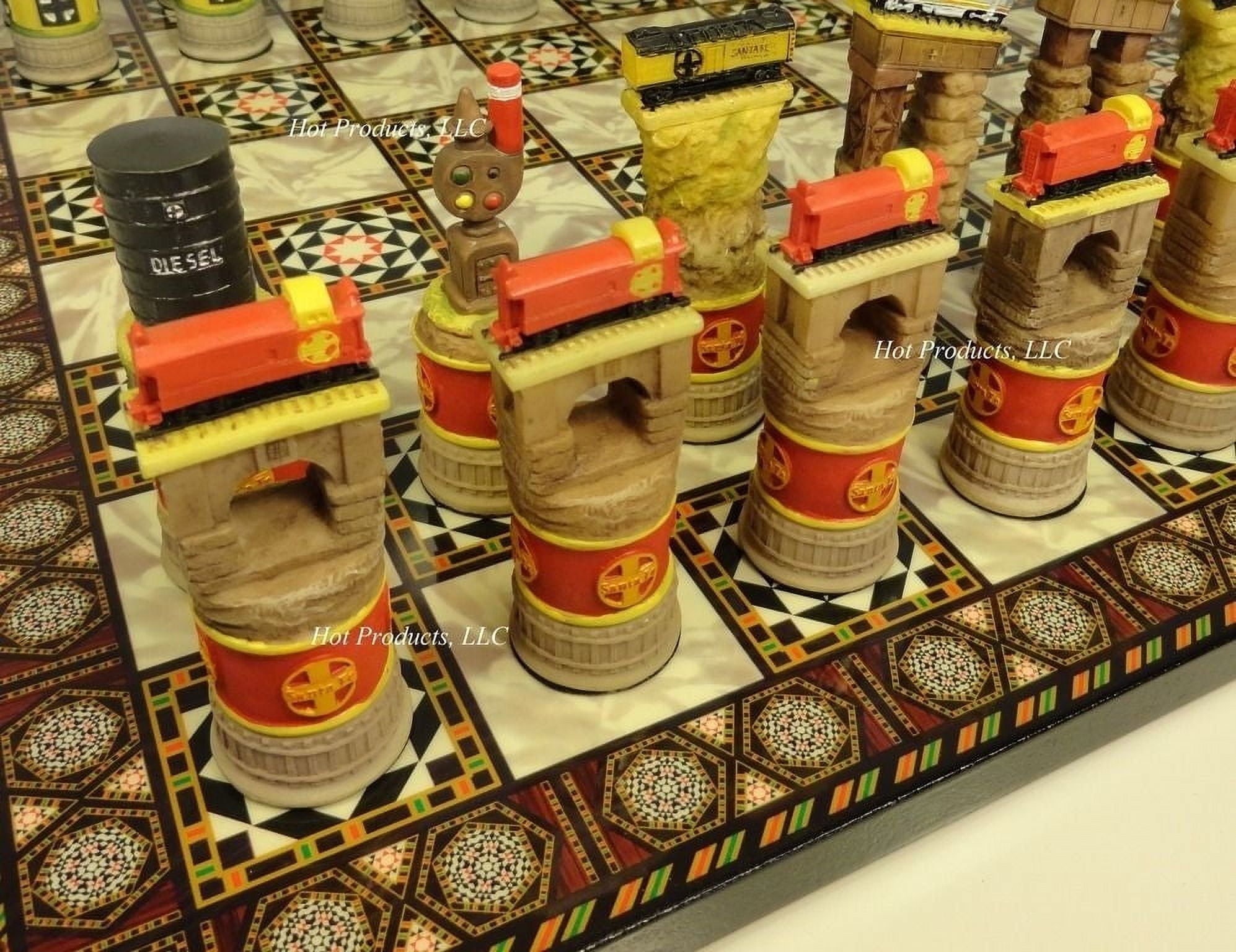 Train Chess Pieces Set W/ Mosaic Design Board 14" Steam vs Diesel ...
