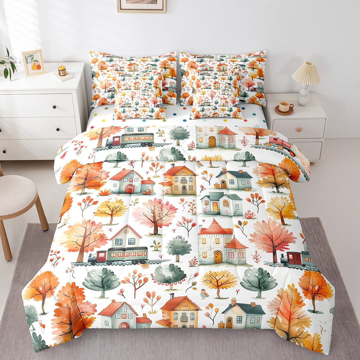 Train Comforter 7 Pieces Fall Leaves Decorative Bed In A Bag Cityscape ...