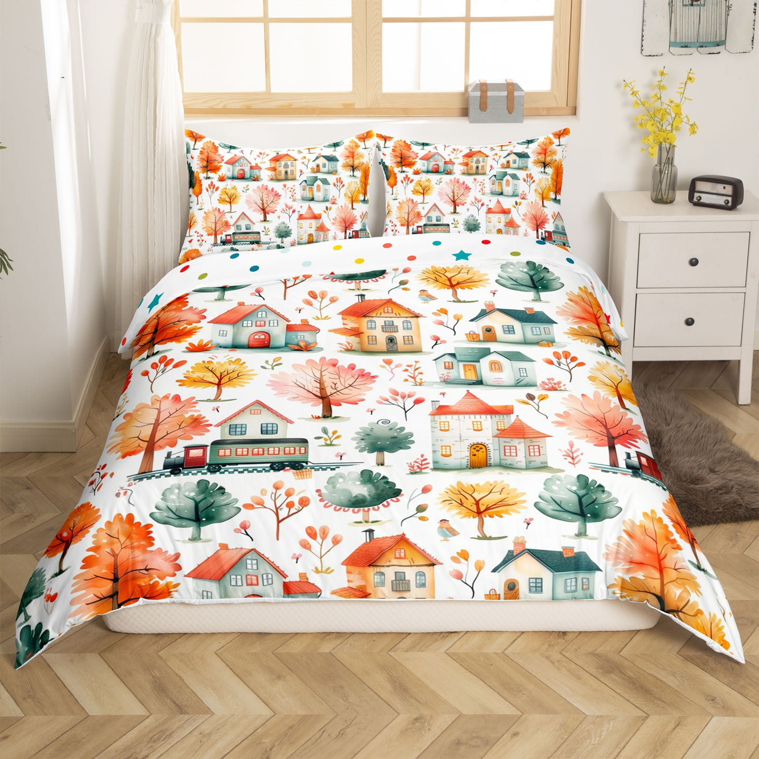 Train Comforter Cover Fall Leaves Decorative Duvet Cover Cityscape ...