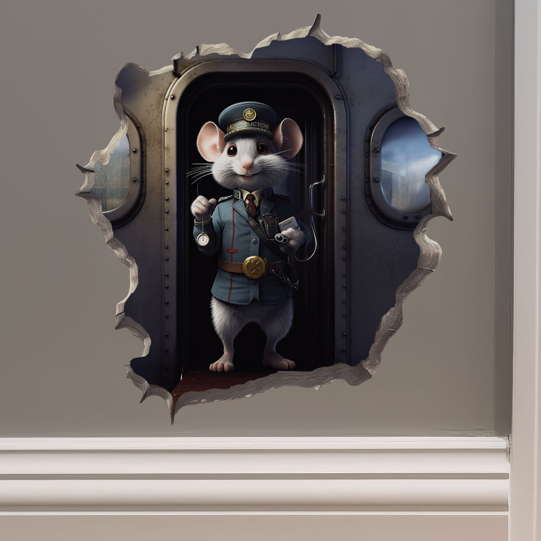 Train Conductor Mouse in Mouse Hole Decal - Mouse Hole 3D Wall Sticker ...