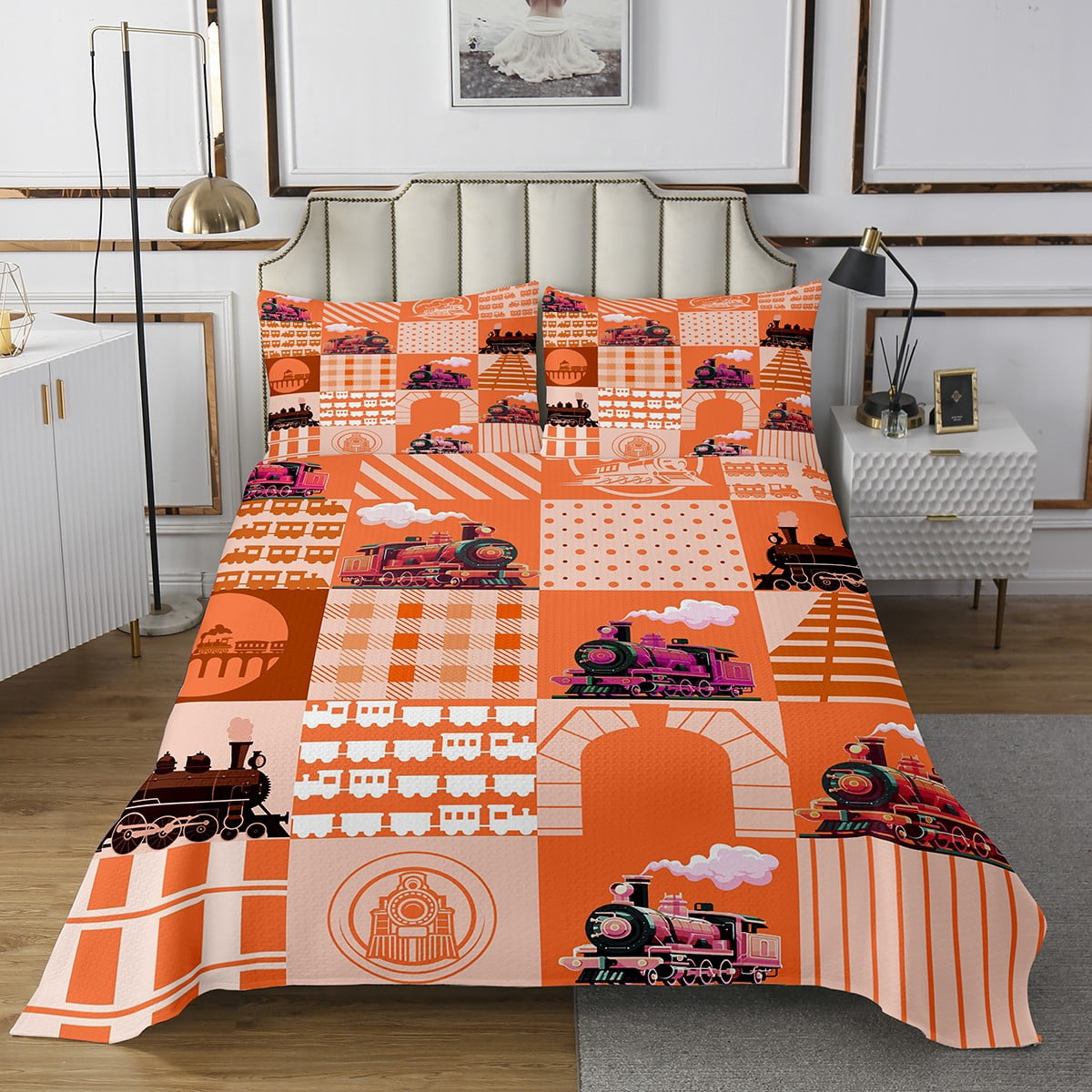 Train Coverlet Set Cartoon Train Bus Quilt Set Vintage Style Orange ...