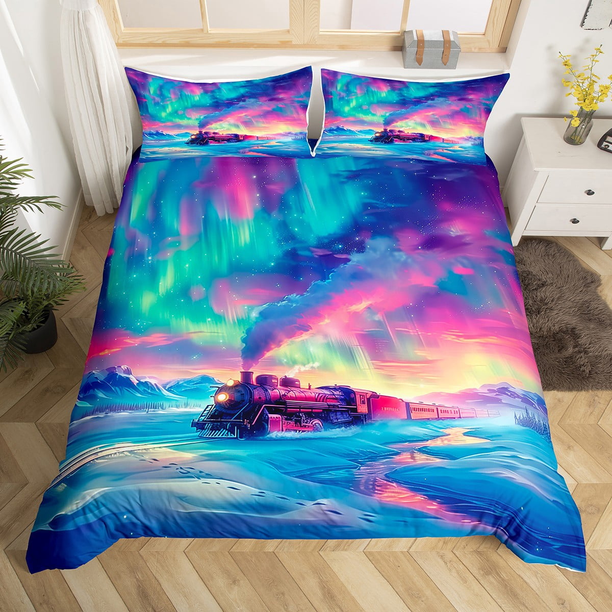 Train Duvet Cover Retro Steam Engine twin Comforter Cover Railway Track ...