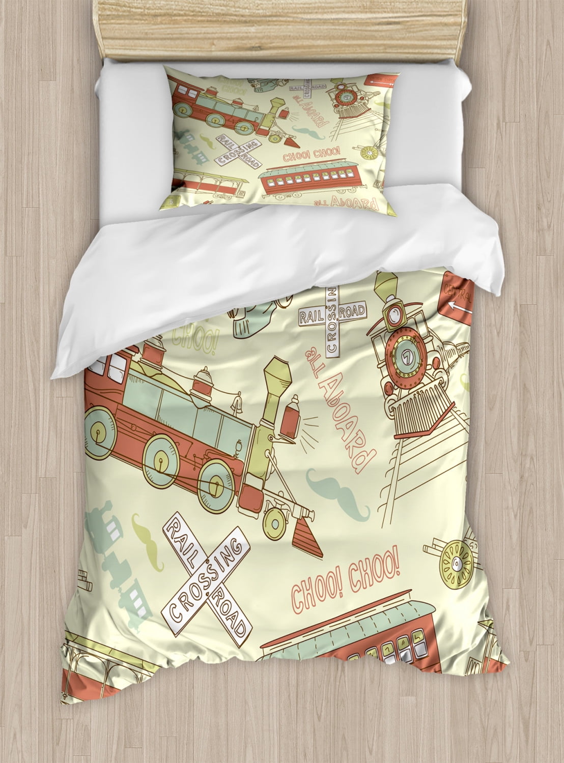 Train Duvet Cover Set Twin Size, Vintage Doodle Composition About ...