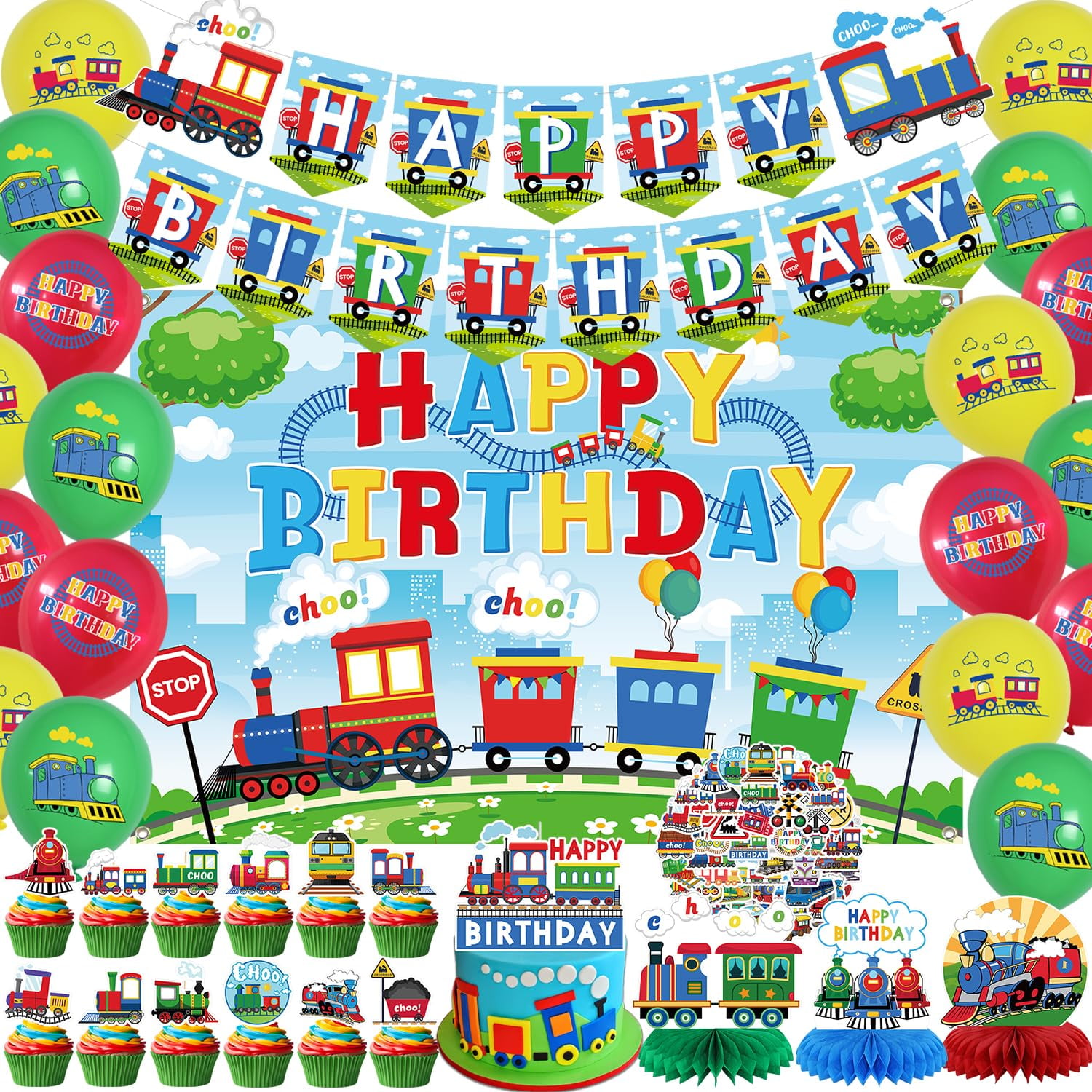 Train Party DecorationsTRDN , Includes Happy Birthday Banner, Cake ...