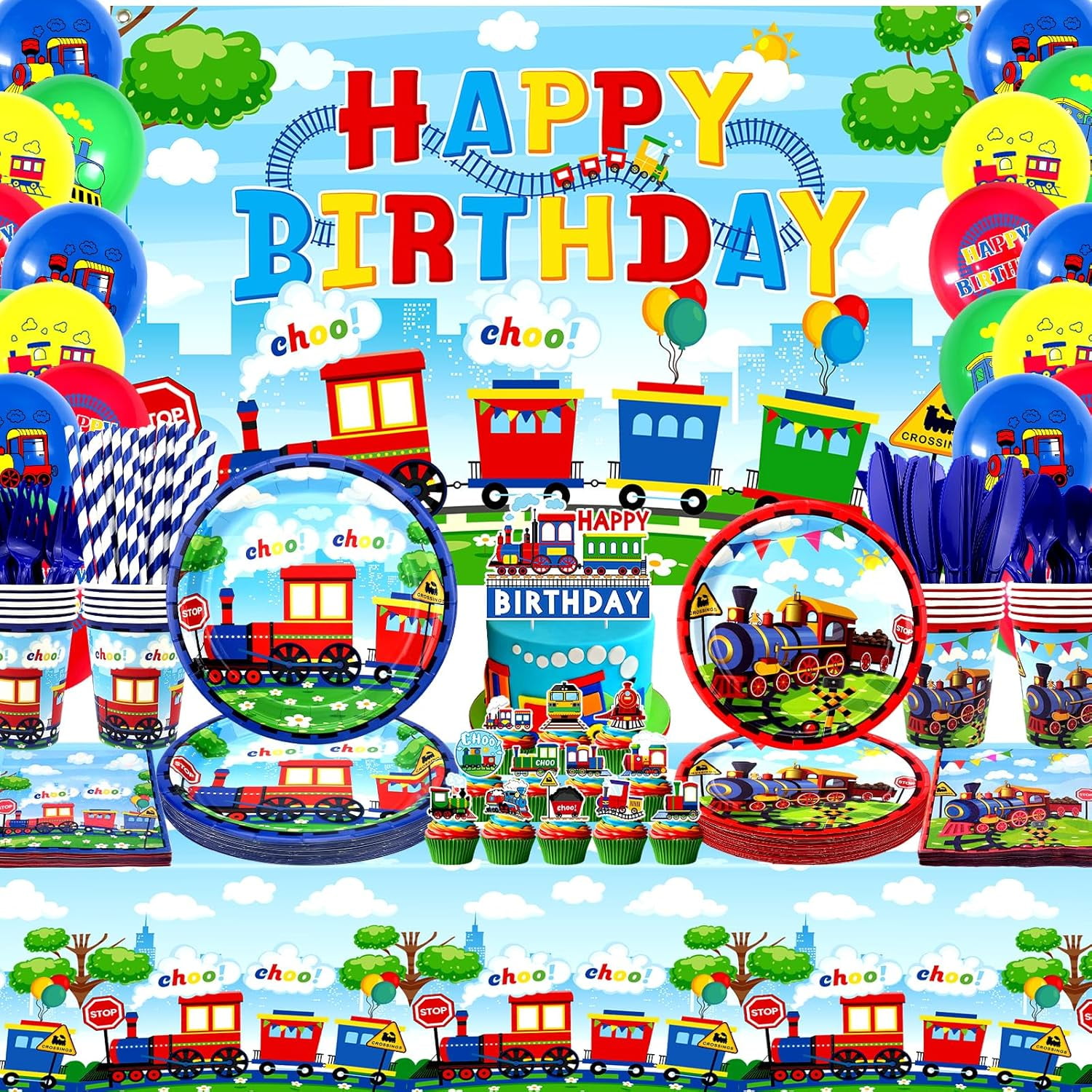 Train Party Supplies , Includes Happy Birthday Party Backdrop, Plates ...