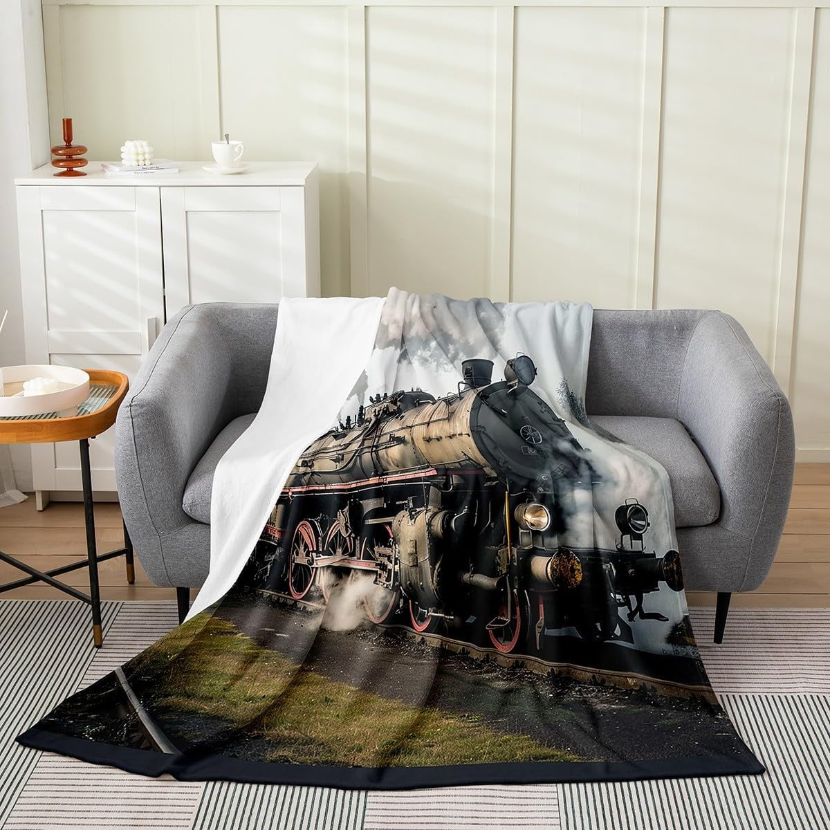 Train Plush Throw Blanket, Retro Steam Engine All Season,Blanket for ...