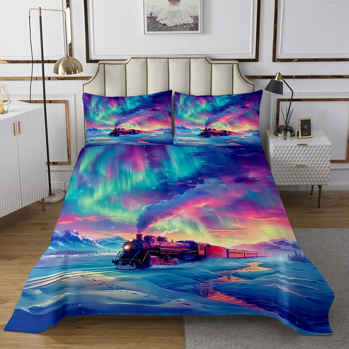 Train Quilt Set Retro Steam Engine Twin Bedspread Set Railway Track ...