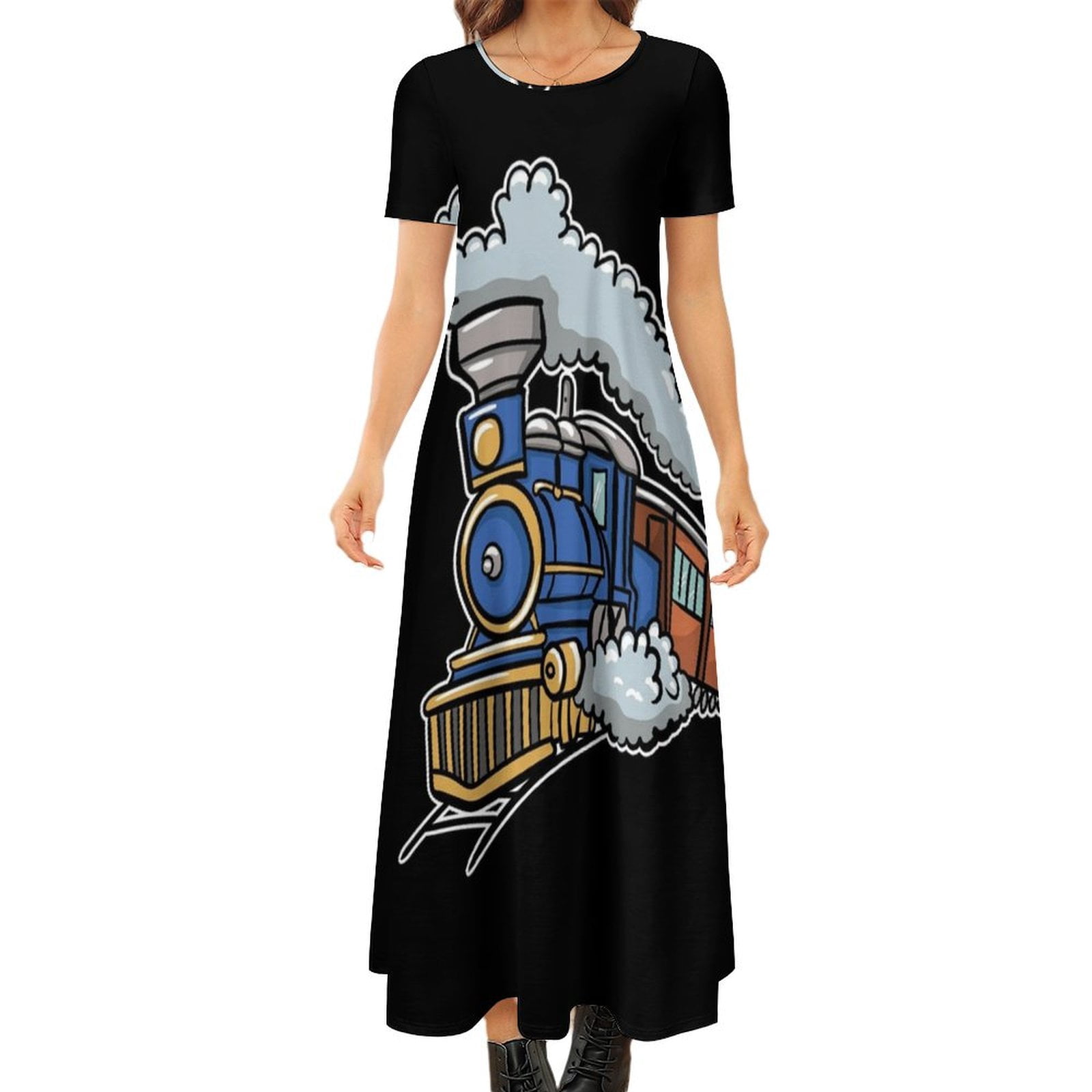 Train Railroad Maxi Dress for Women Crew Neck Beach Dress Short Sleeve ...