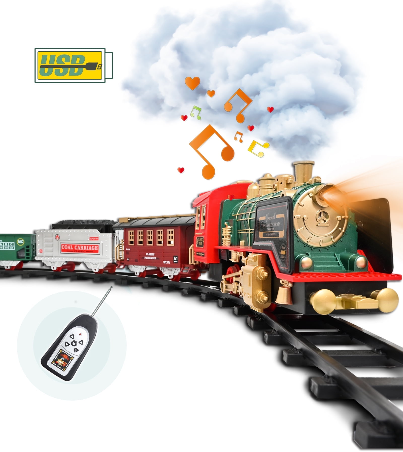 Train Set Toy, Remote RC Train Set Locomotive Rechargeable W/ Smoke ...