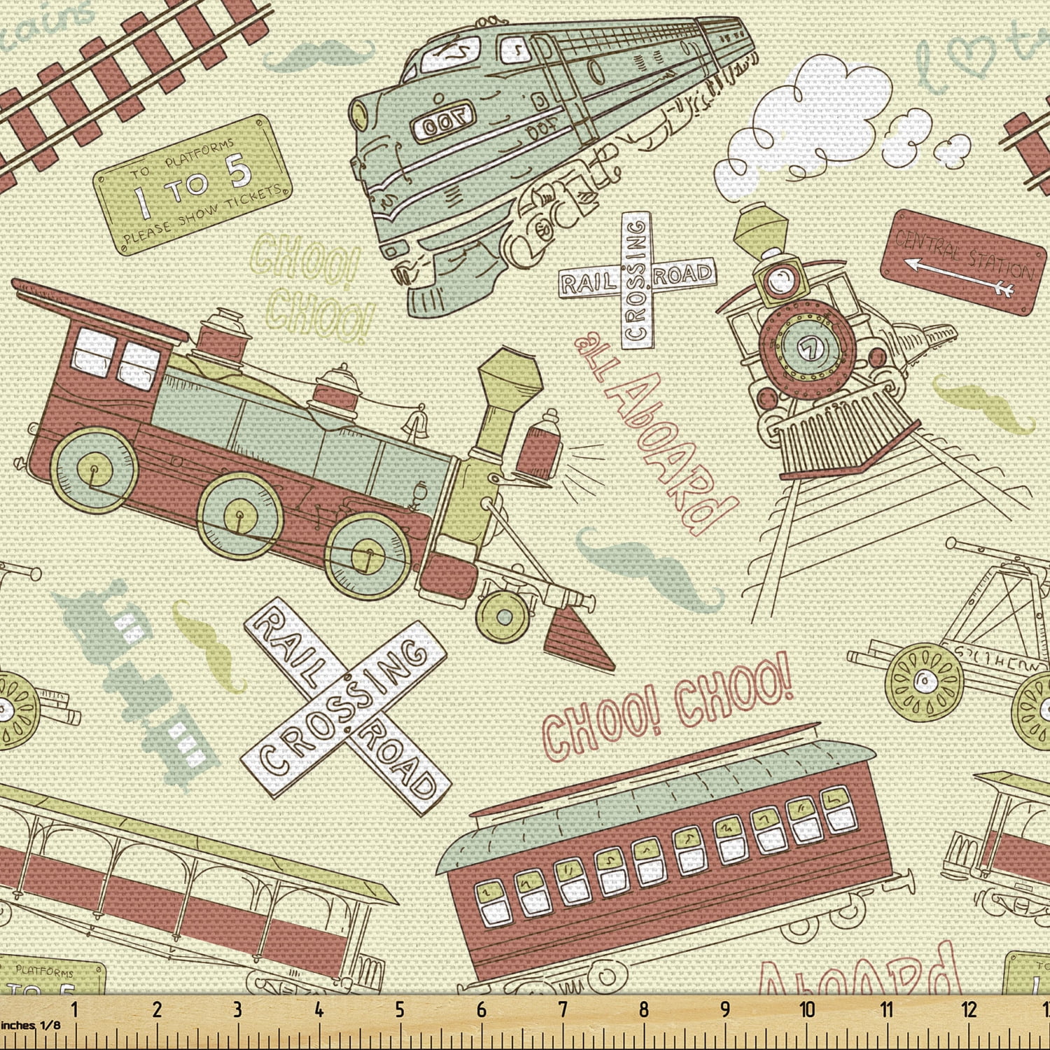 Ambesonne Train Fabric by the Yard Upholstery, Vintage Doodle ...