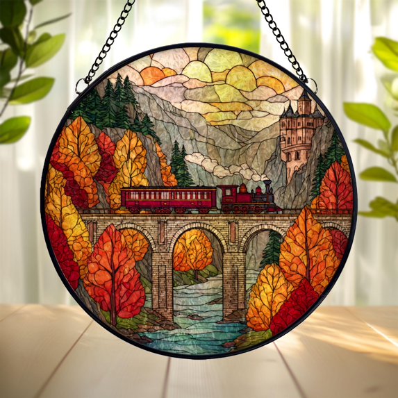 Train Stained Glass Suncatcher, Vintage Steam Locomotive Window Hanging ...