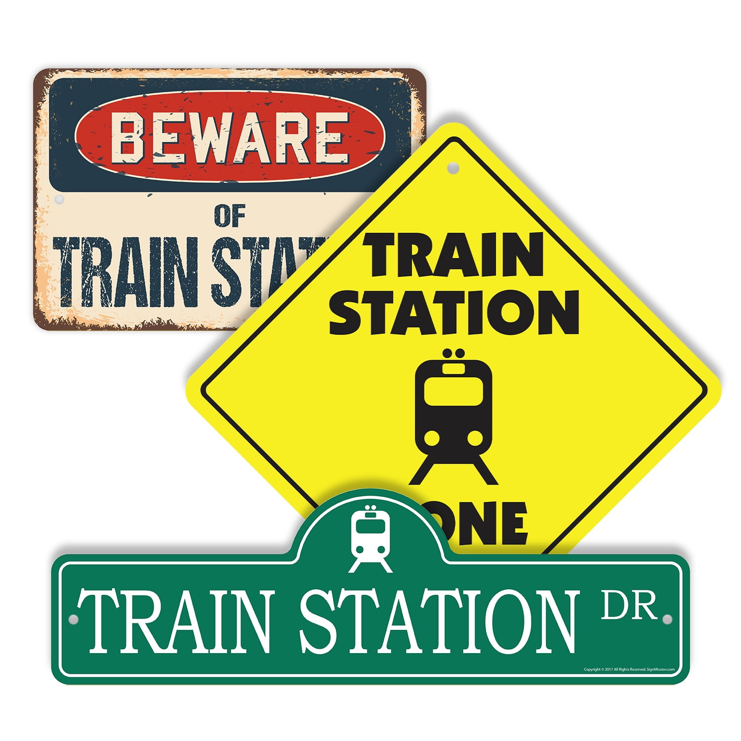 Train Station (3 Pack) Plastic Street Sign Crossing Sign Warning Sign ...