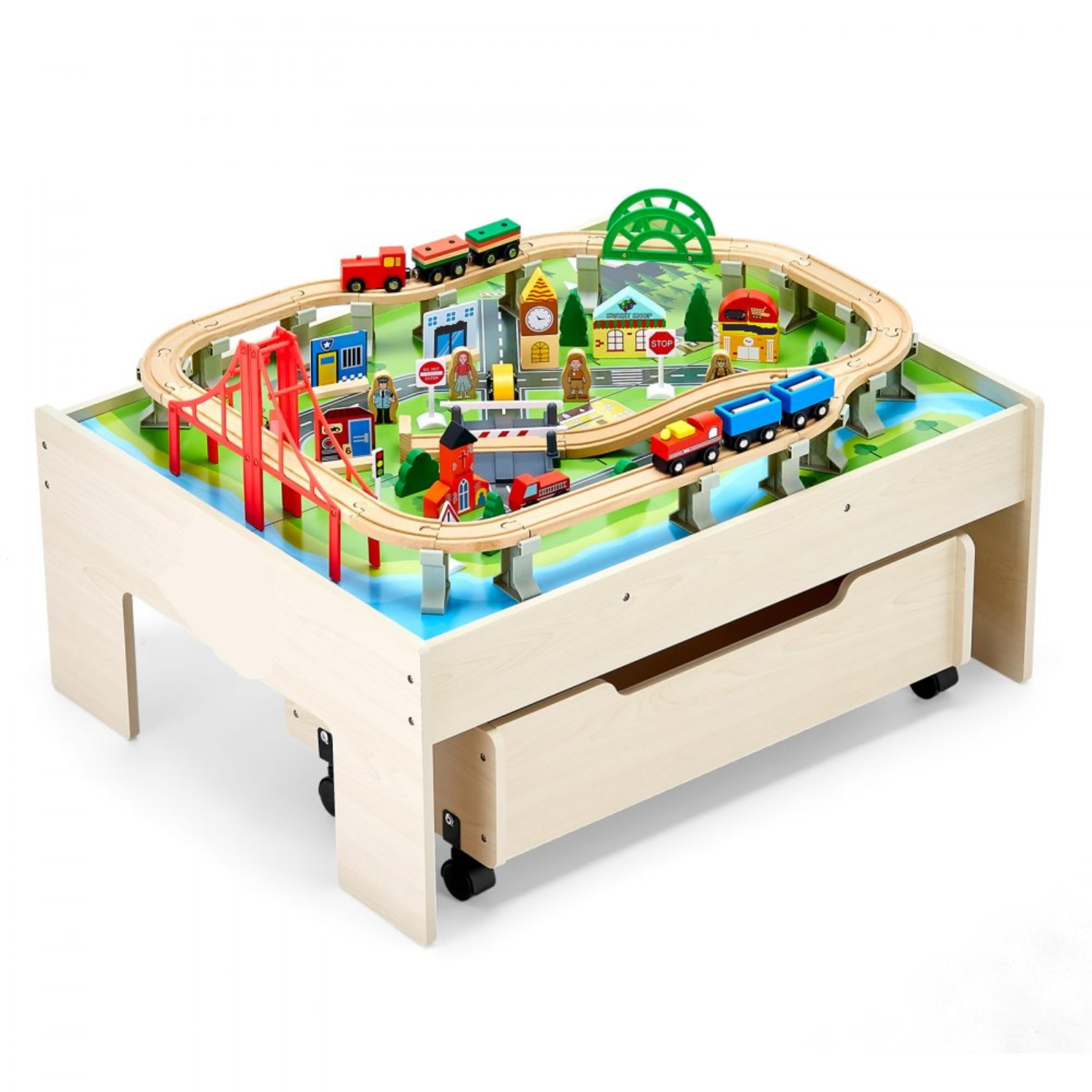 Train Table, 100 Multicolor Pieces Wooden Activity Table with Rolling Storage Drawer, 3-in-1 ...