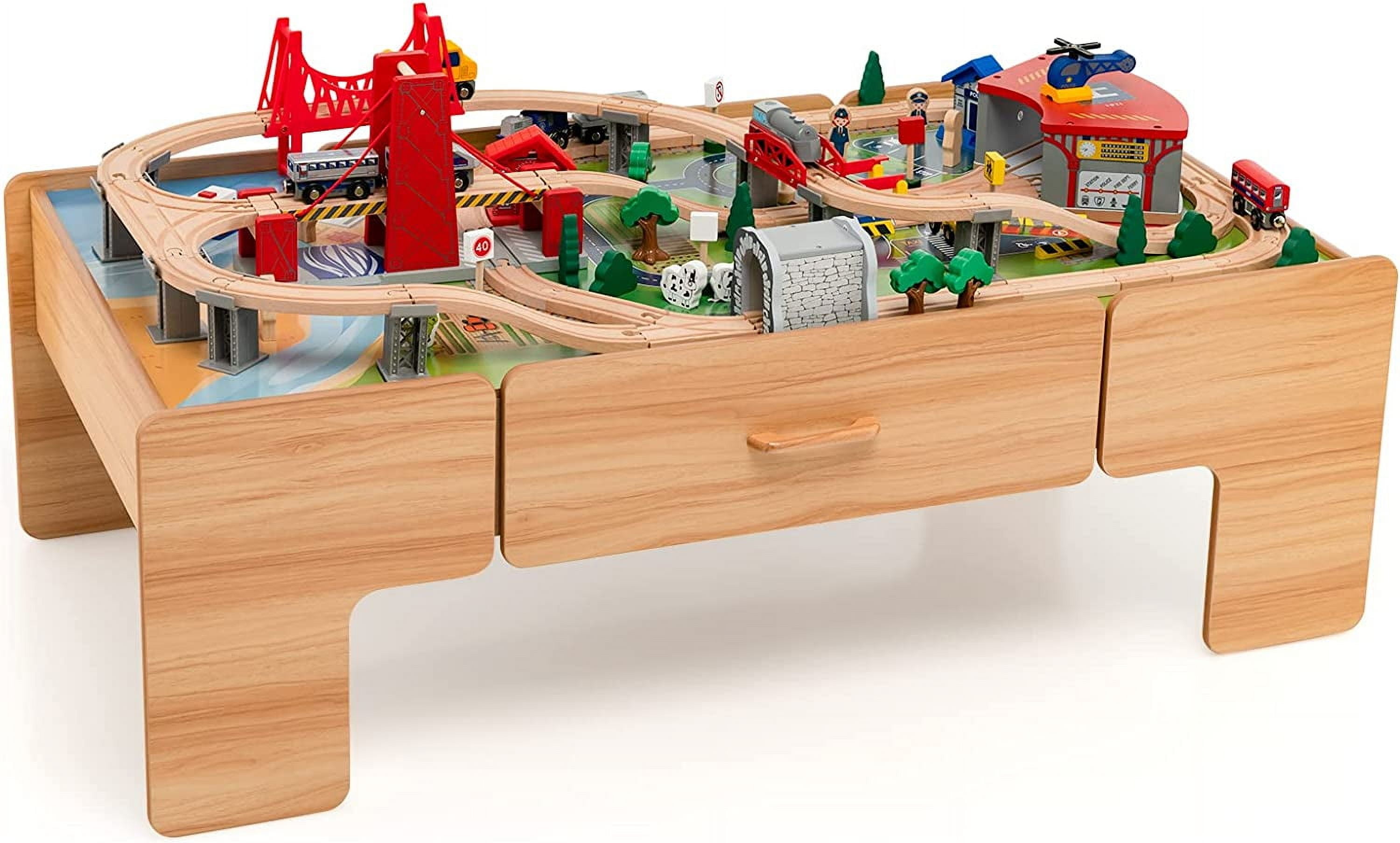 Train Table, 100-Piece Wooden Kids Activity Table with Storage Drawer ...