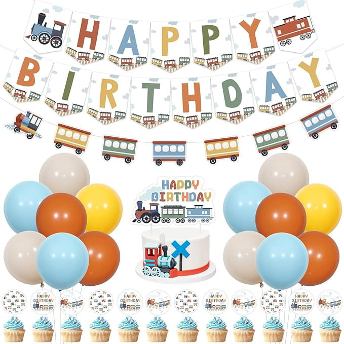 Train Theme Birthday Decorations, Steam Train Happy Birthday Bunting ...
