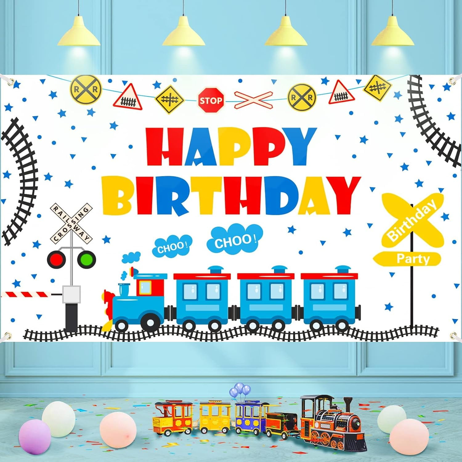 Train Theme Happy Birthday Banner Backdrop Train Party Decorations for ...