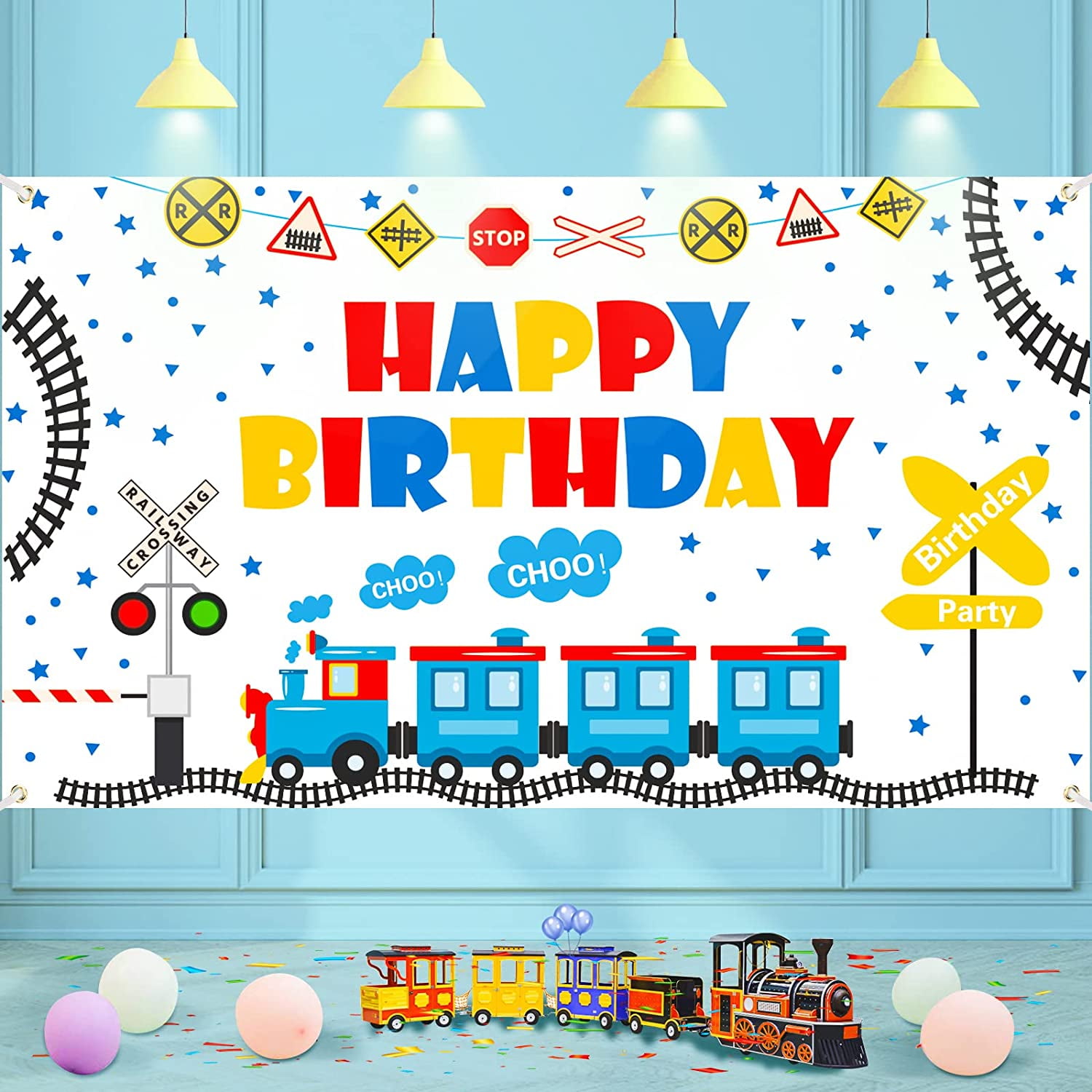 Train Theme Happy Birthday Banner Backdrop Train Party Decorations for ...