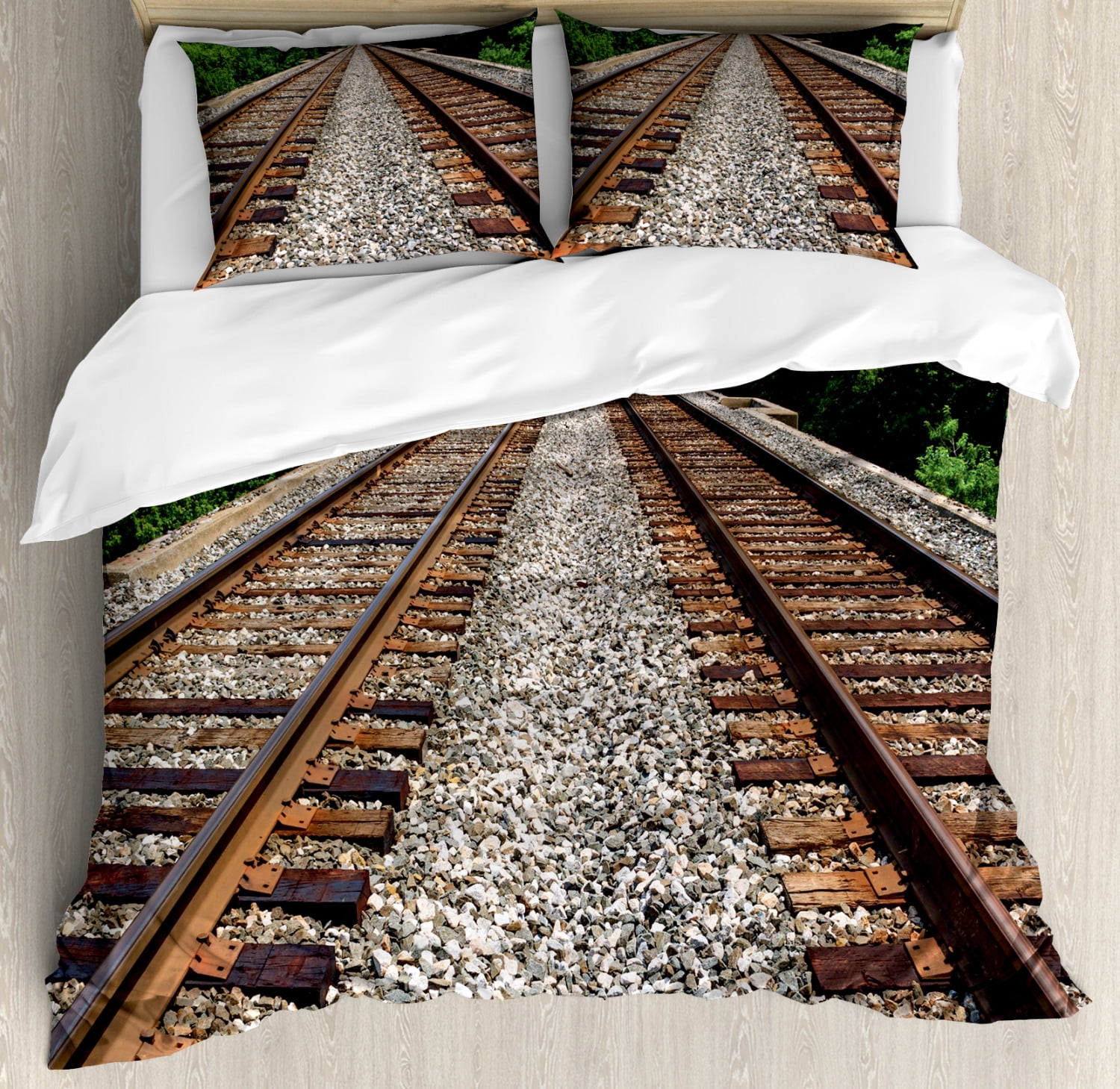 Train Track Duvet Cover Set Queen Size, Creative Photo of 2 Parallel ...