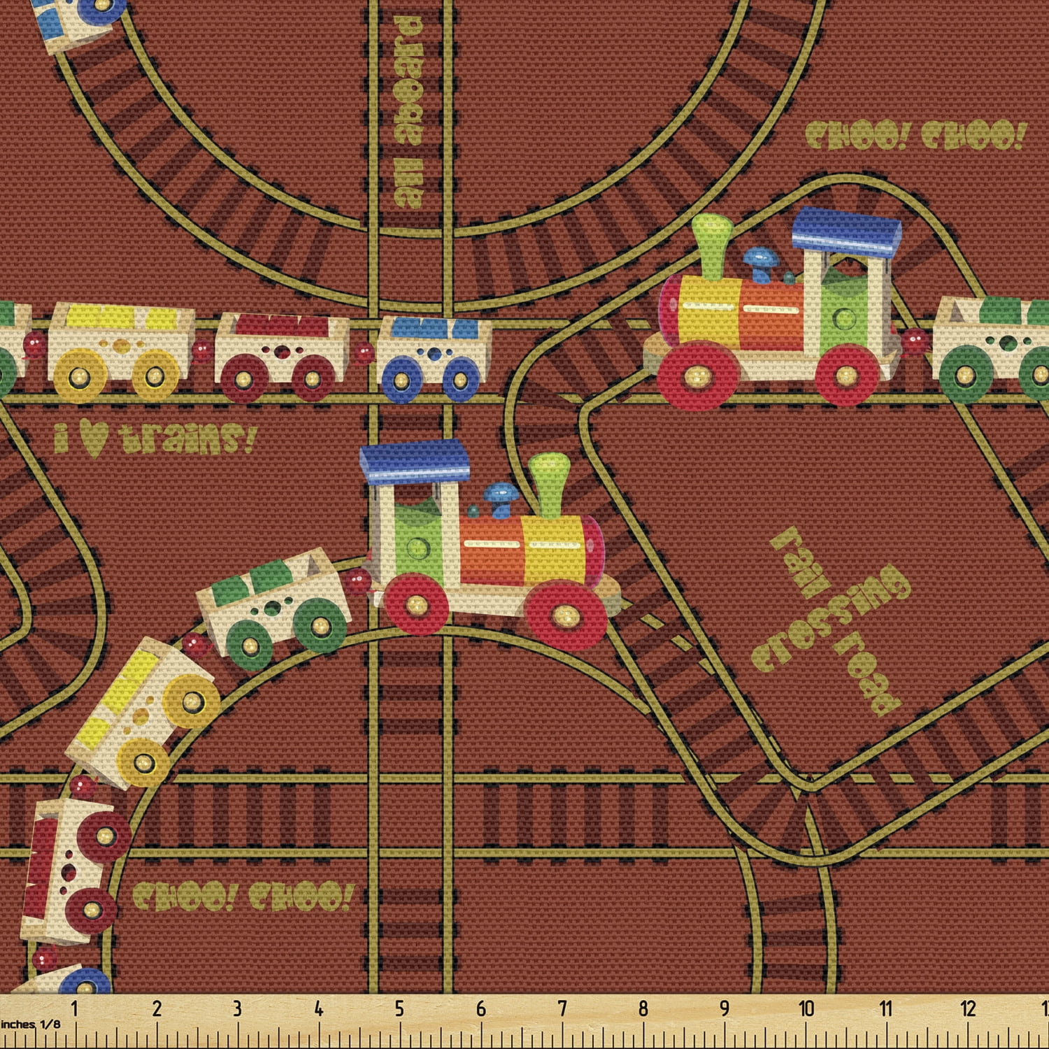 Train Track Fabric by the Yard, Themed Cartoon Design Image of Colorful ...