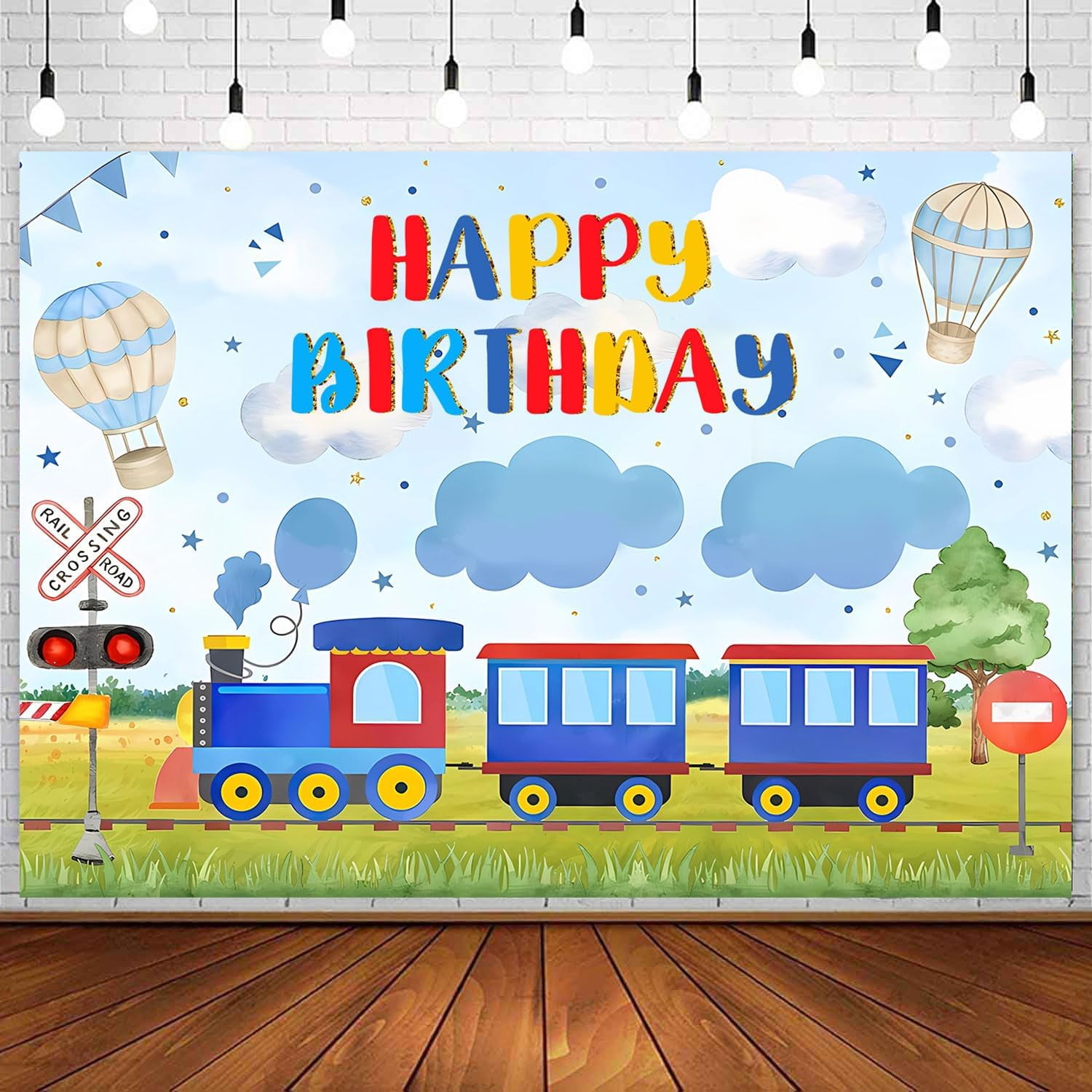 Train Transportation Happy Birthday Backdrop for Boys Kids Cartoon Blue ...