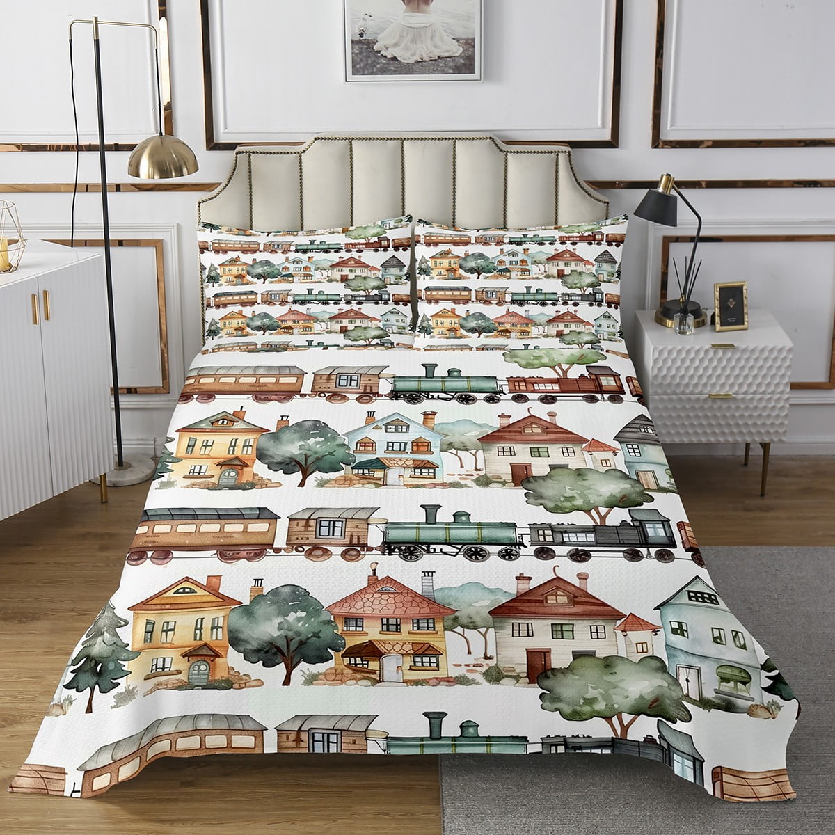 Train Twin Quilt Set Cute Cartoon Train Bedspread Set For Teen,Retro ...