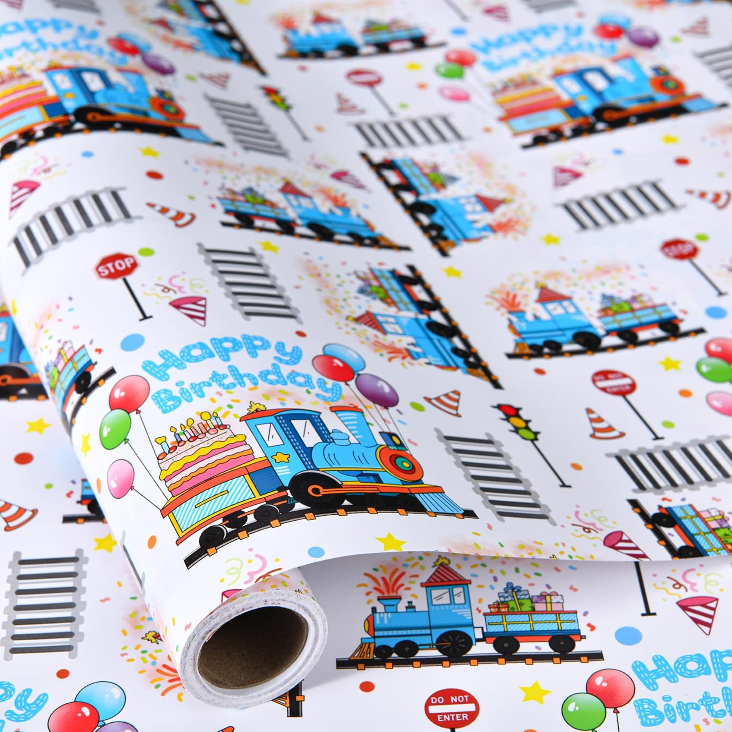 Train Wrapping Paper - 17 in x 16.4 ft - Birthday Train Gift Wrap for ...